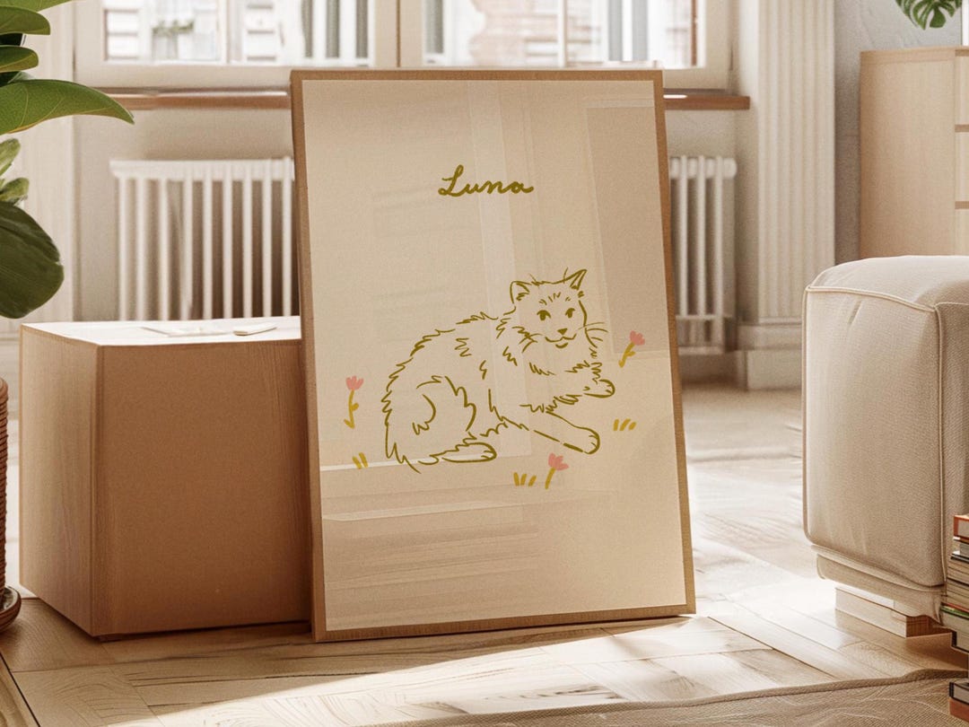 Custom Cat Drawing, Cottagecore Pet Portrait, Digital Cat Outline ...