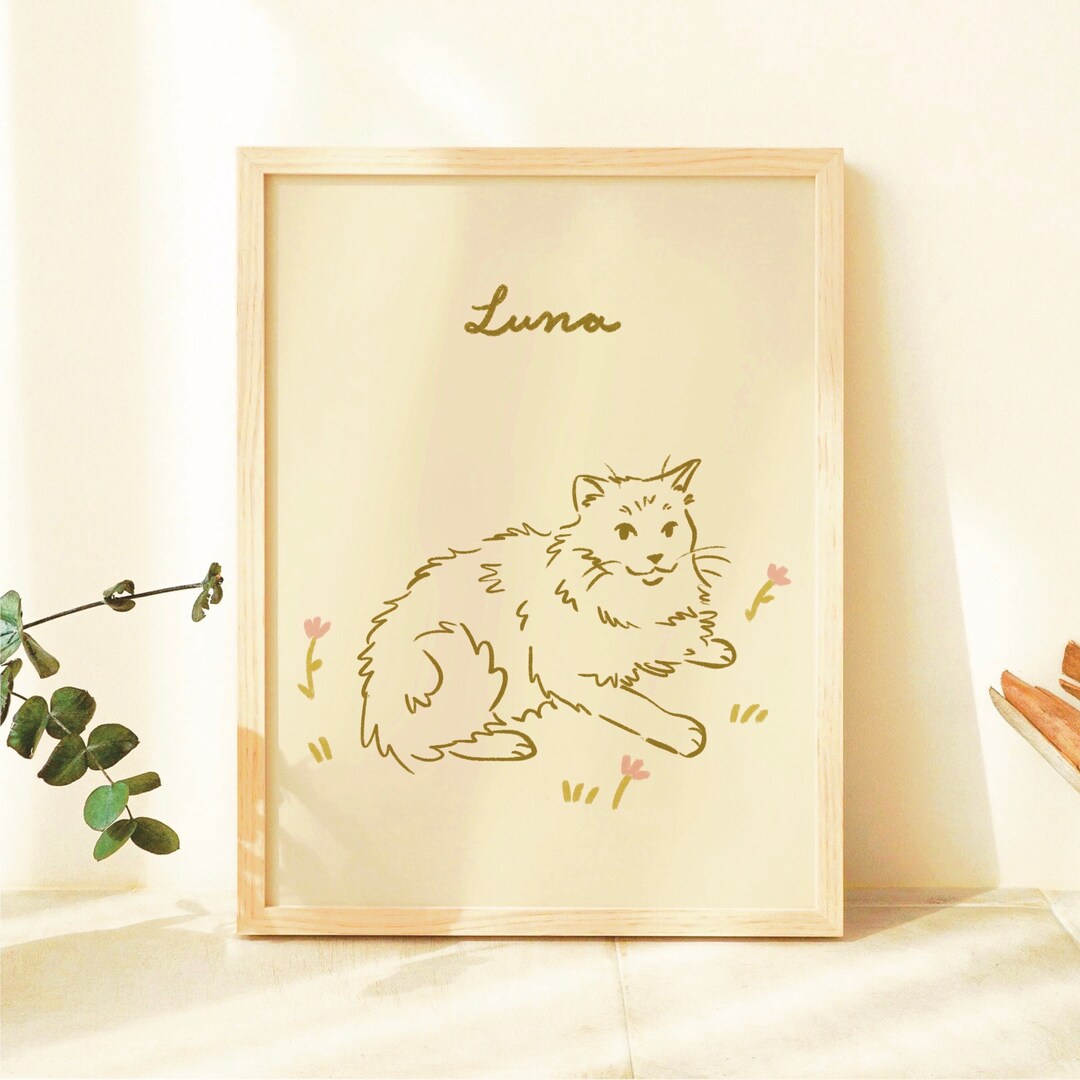 Custom Cat Drawing, Cottagecore Pet Portrait, Digital Cat Outline ...