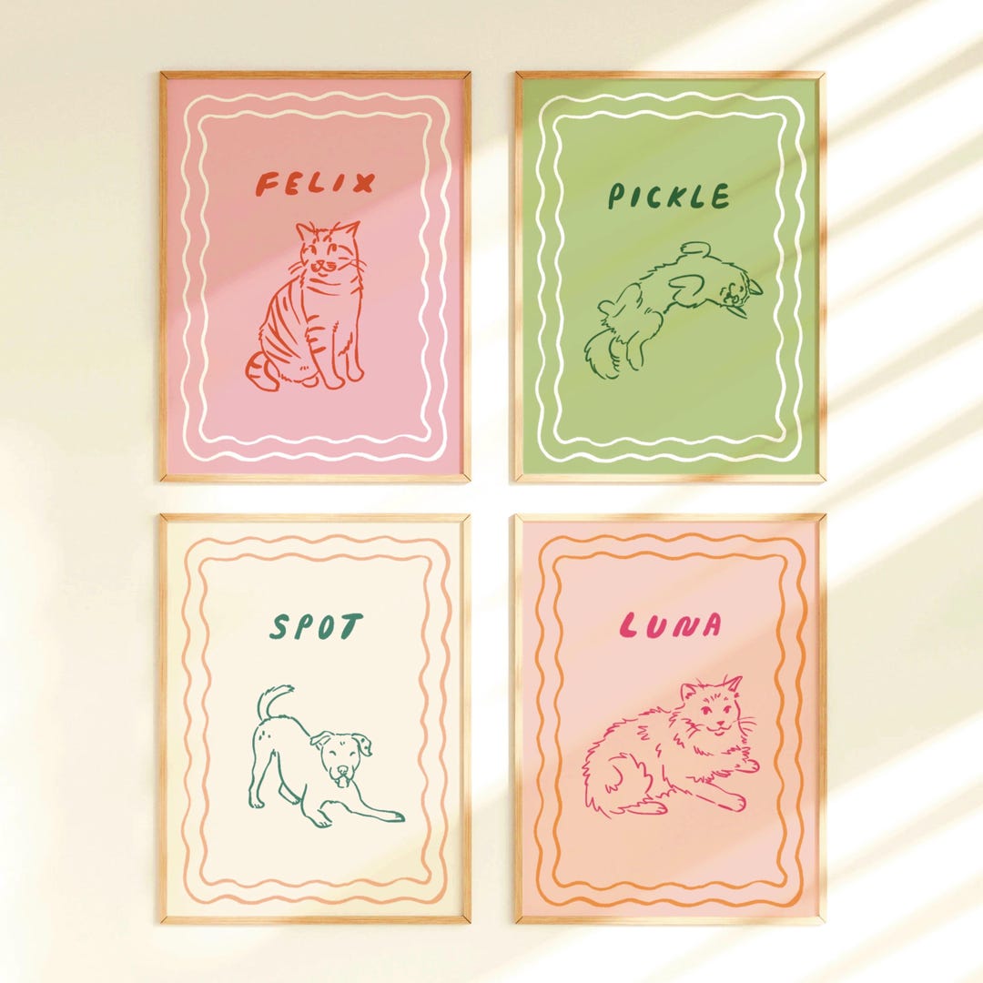 Custom Funky Pet Portrait, Cute Digital Cat Poster, Colorful Dog ...