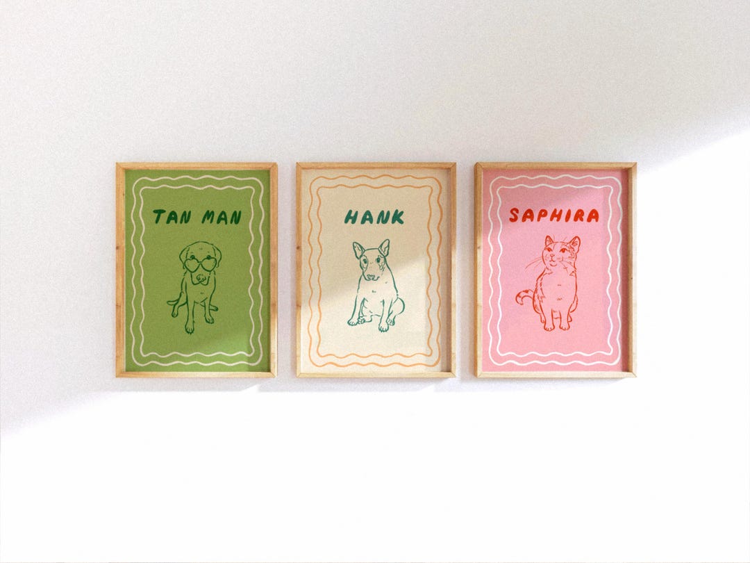 Custom Funky Pet Portrait, Cute Digital Cat Poster, Colorful Dog ...