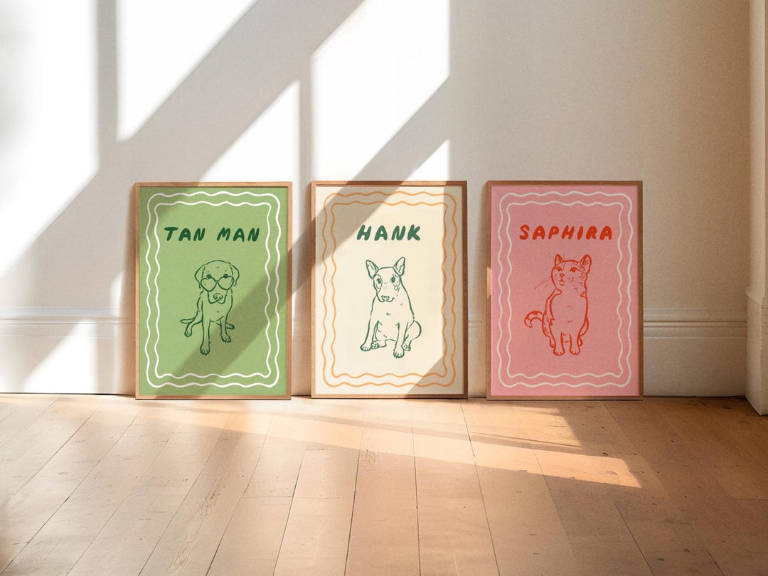 Custom Funky Pet Portrait, Cute Digital Cat Poster, Colorful Dog ...