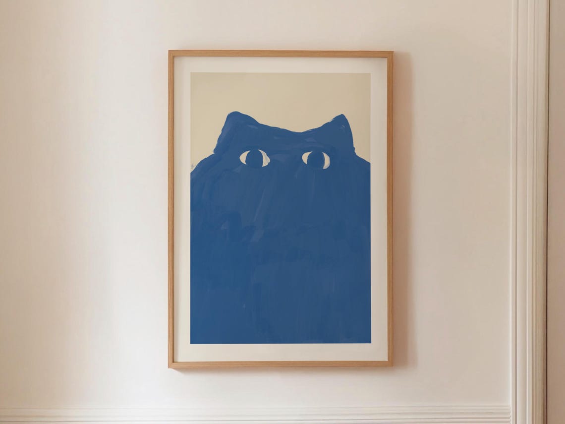 The Big Blue Cat, Quirky Animal Sketch, Abstract Fine Art Print, Unique ...