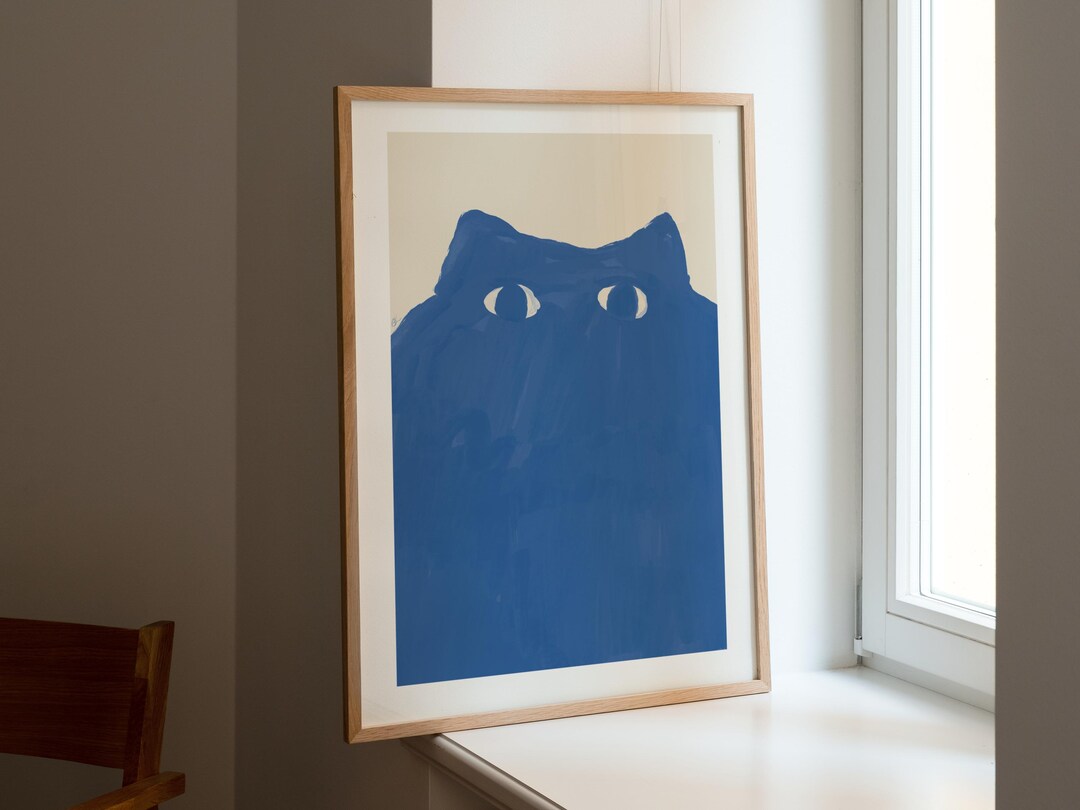 The Big Blue Cat, Quirky Animal Sketch, Abstract Fine Art Print, Unique ...