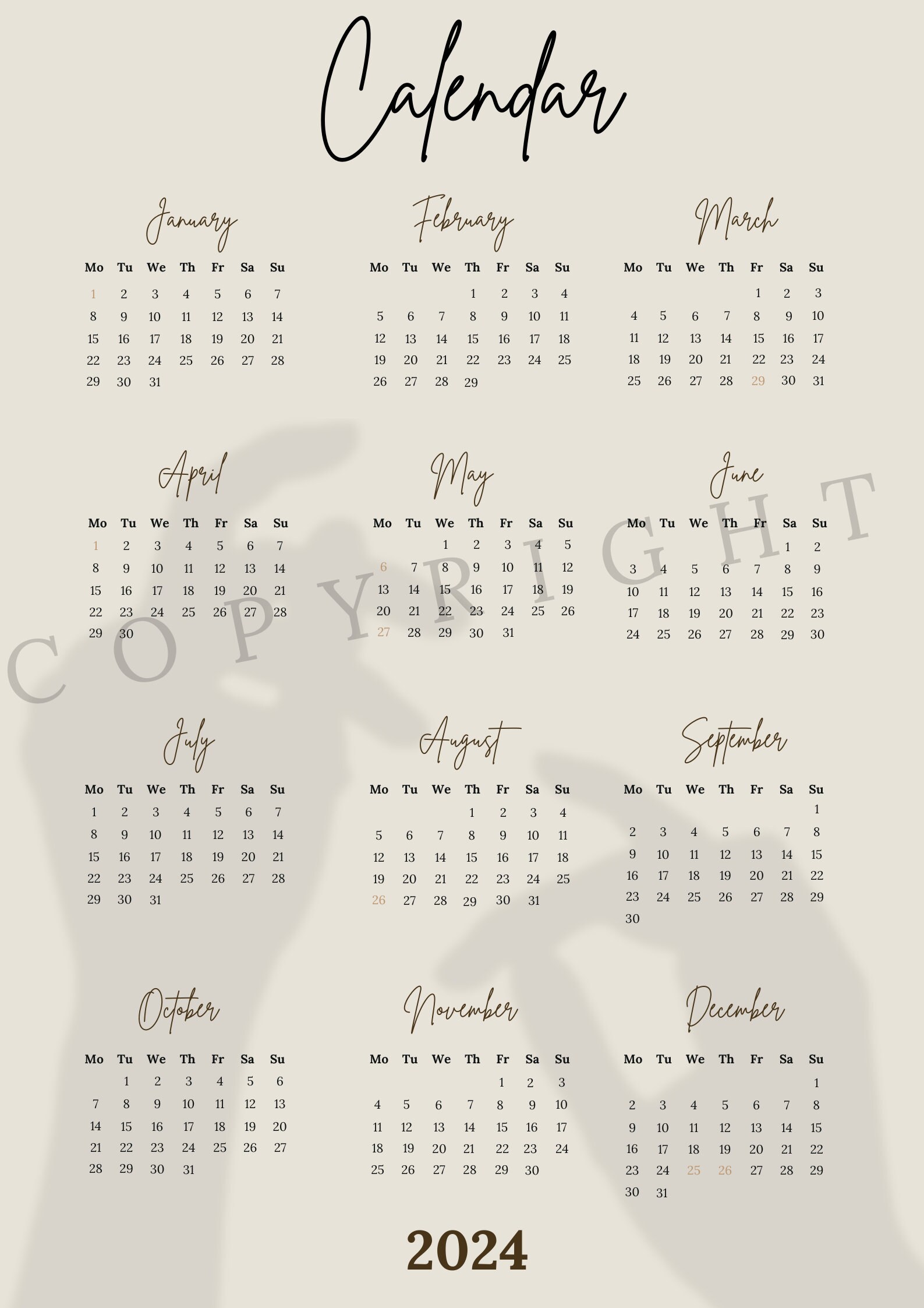 2024 Calendar Digital & Printable - Etsy