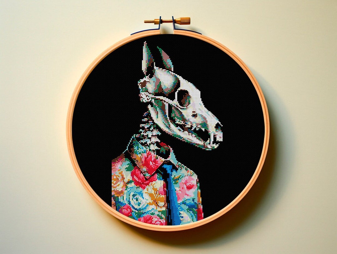 Cross Stitch Pattern PDF Summer Style Doggo Skull-gothic Skeleton Macabre Spooky Romantic Floral ...