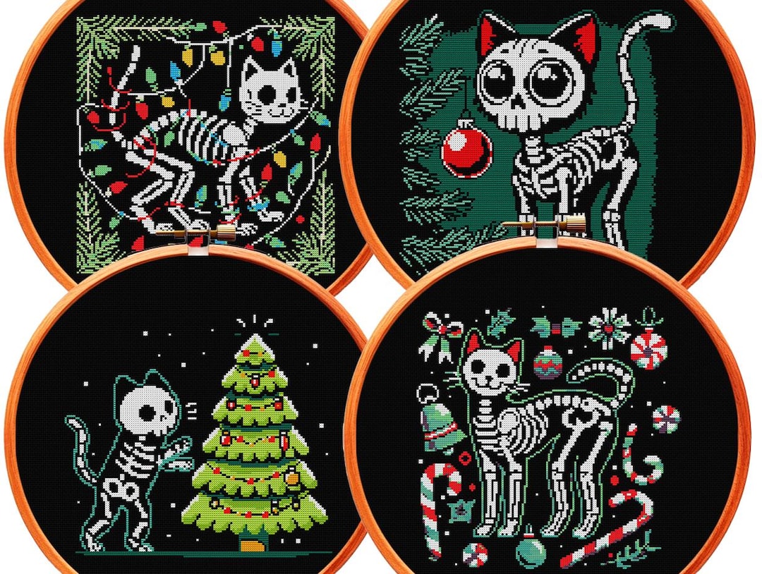 SET of 4 Goth Christmas Cross Stitch Patterns BUNDLE PDF Cat Skeleton ...