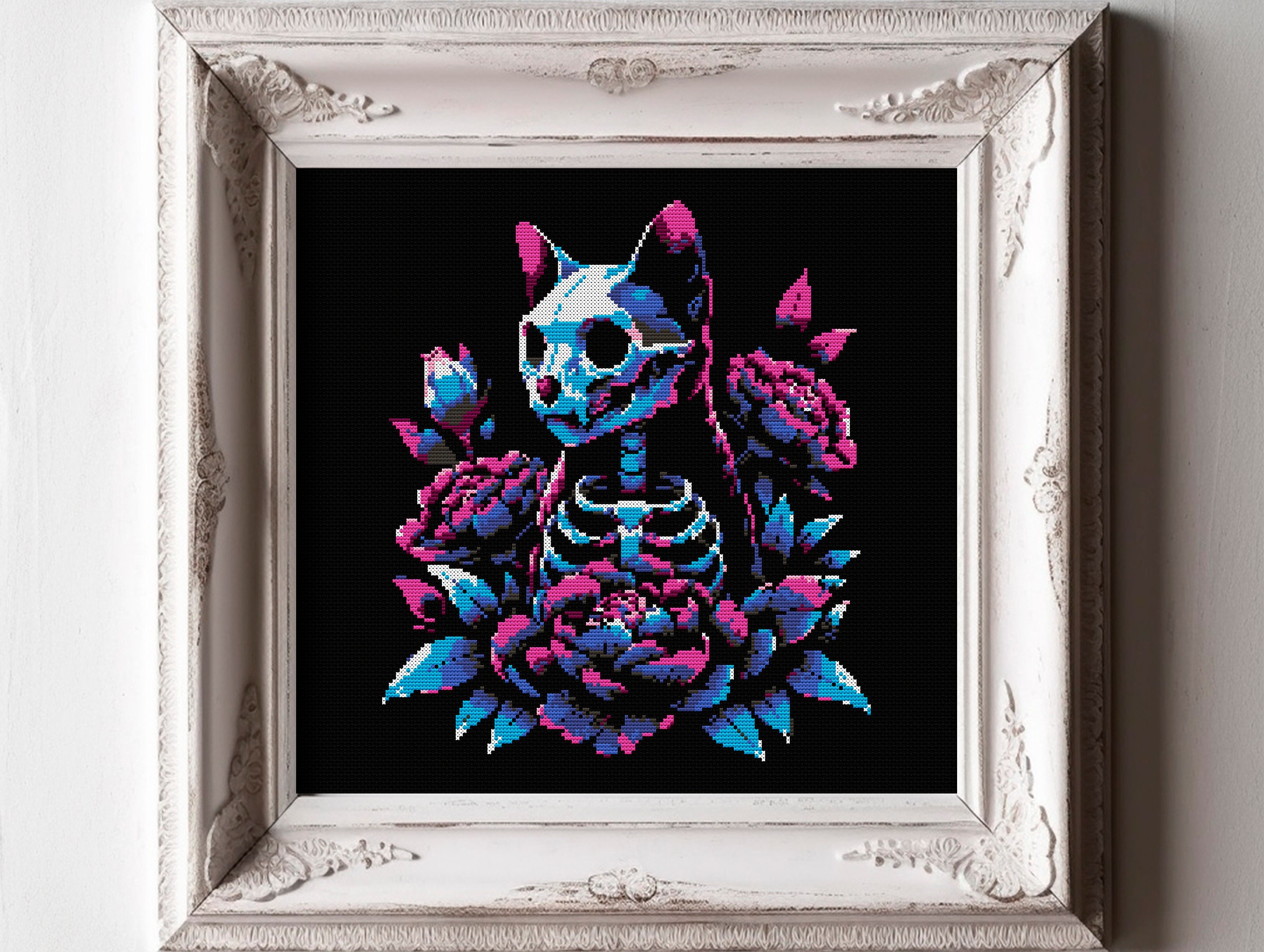 Cross Stitch Pattern PDF Neon Cat Skeleton Elegant-modern Raven Rook ...