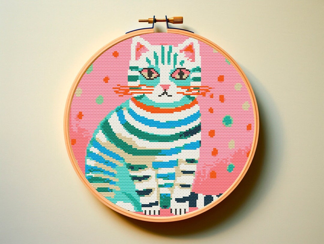 Striped Cat Cross Stitch Pattern PDF Modern Funny Cute Unique Counted ...