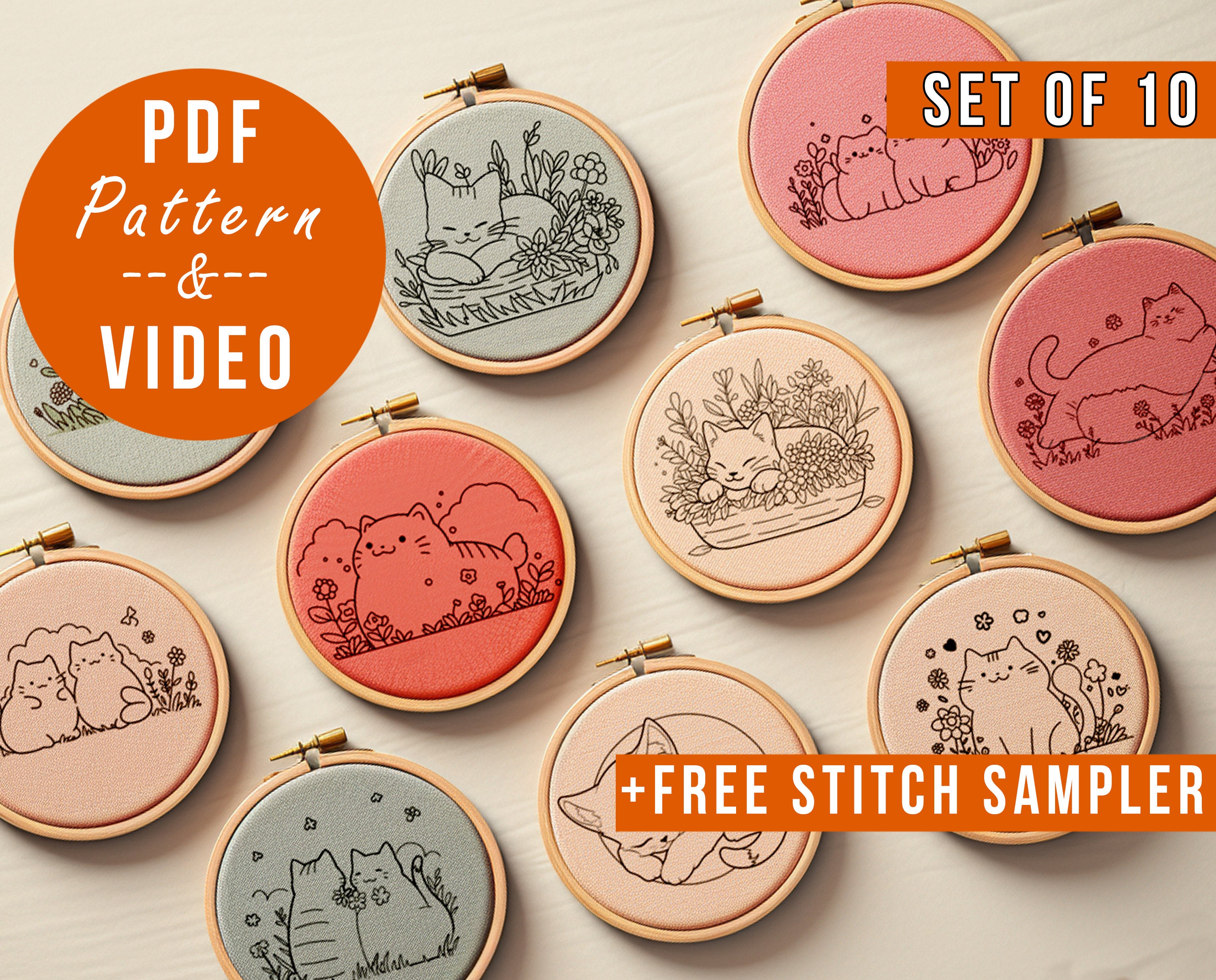 Hand Embroidery Designs Bundle Cute Cats Floral Meadow Flowers Munchkin ...
