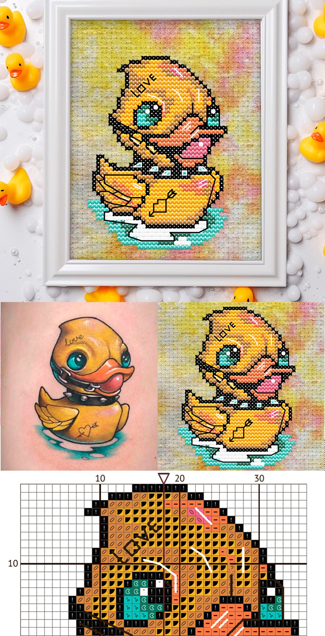Funny Mini Cross Stitch Pattern PDF Kink Rubber Duck on Hand Dyed Aida ...
