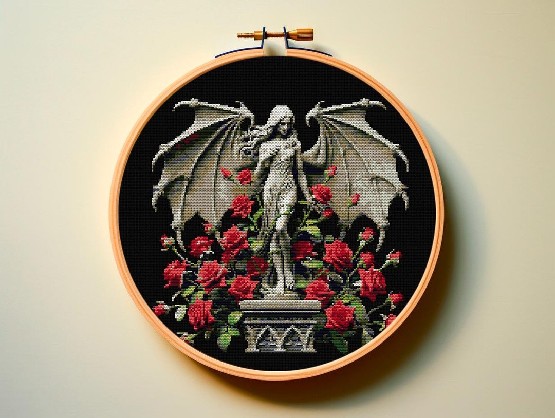 Cross Stitch Pattern Gothic PDF Female Gargoyle Skeleton Elegant Raven ...