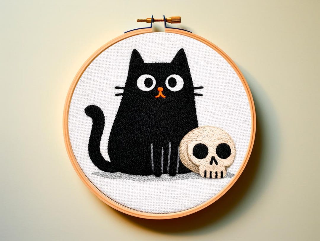 Black Cat Skull Hand Embroidery PDF Pattern With DMC Thread Color Code ...