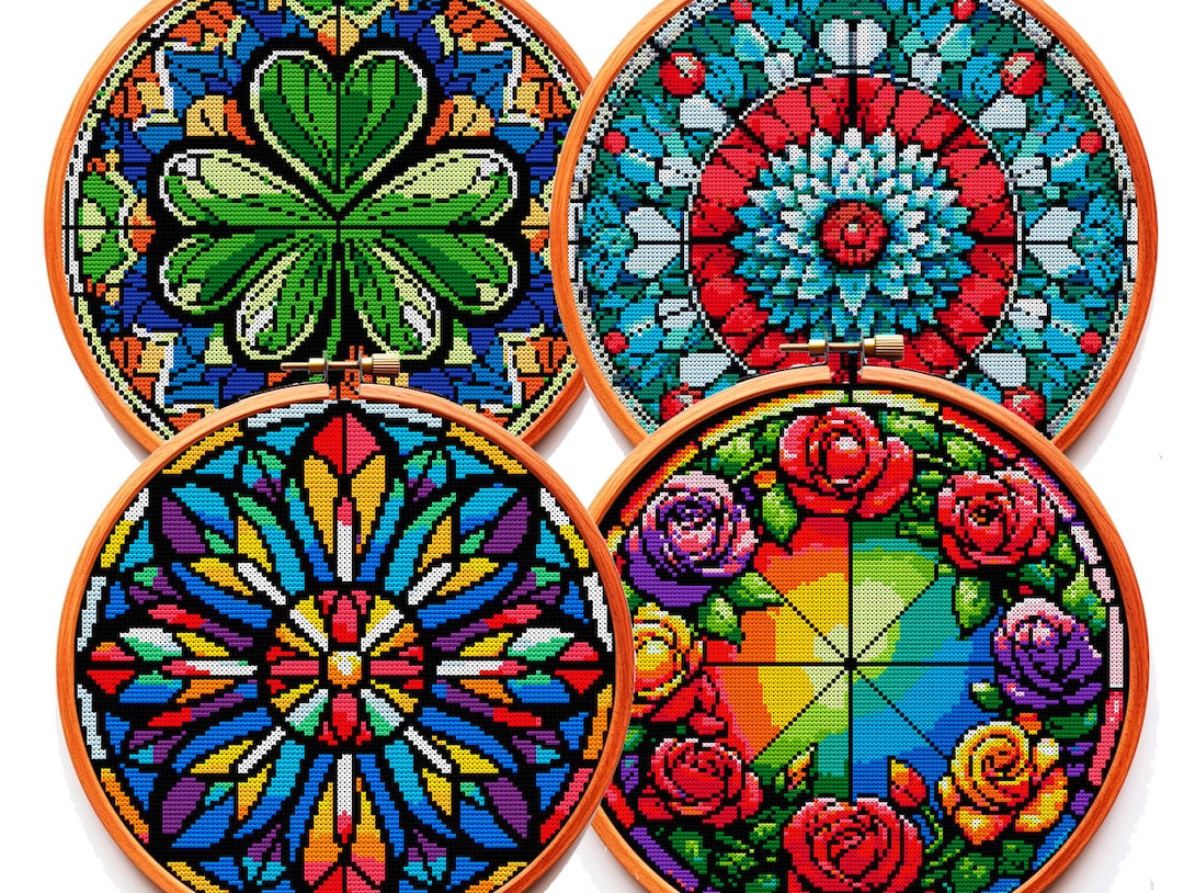 SET of 4 Stained Glass Cross Stitch Patterns BUNDLE PDF Modern Xstitch ...