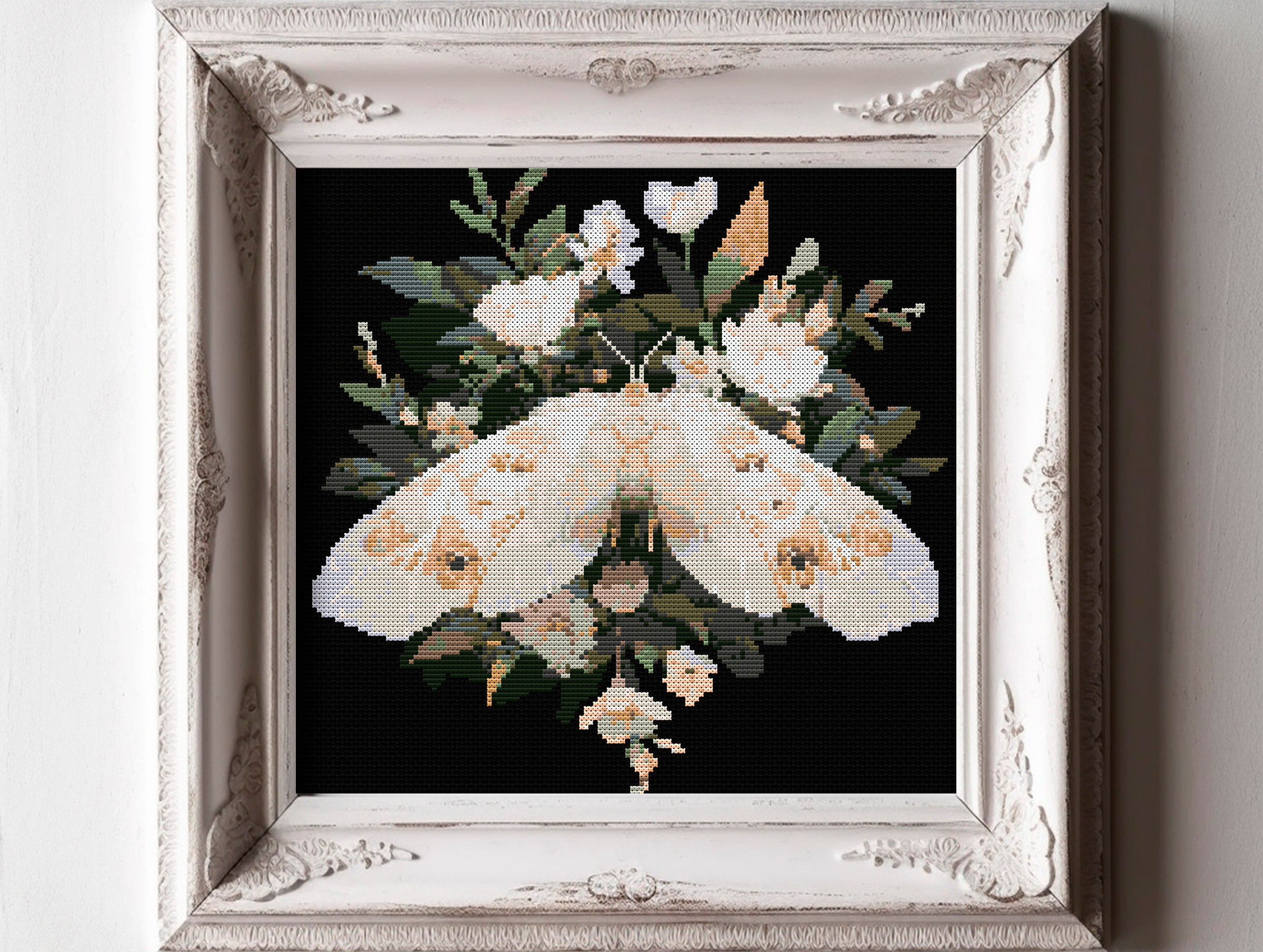 Cross Stitch Chart PDF Pattern Butterfly Lunar Moth Roses Flowers ...