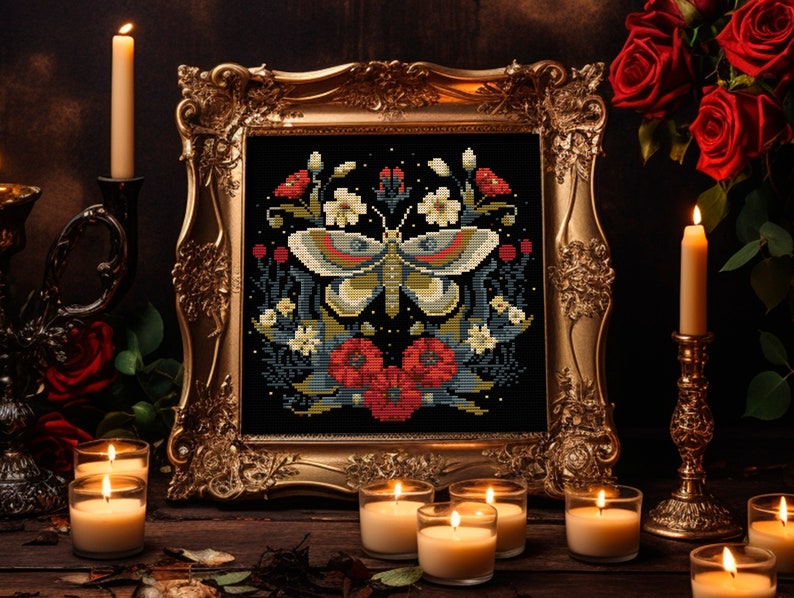 Moth Cross Stitch Pattern Chart PDF Modern Floral Flower Roses Black ...