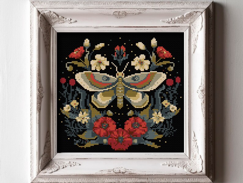Moth Cross Stitch Pattern Chart PDF Modern Floral Flower Roses Black ...