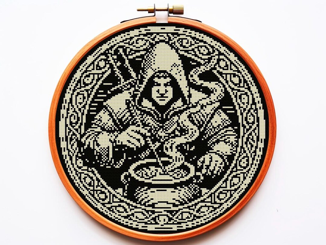 Cross Stitch Pattern PDF Modern Gothic Witcher Alchemist Witchy Black Cat Aida Keltic Knot Tree ...