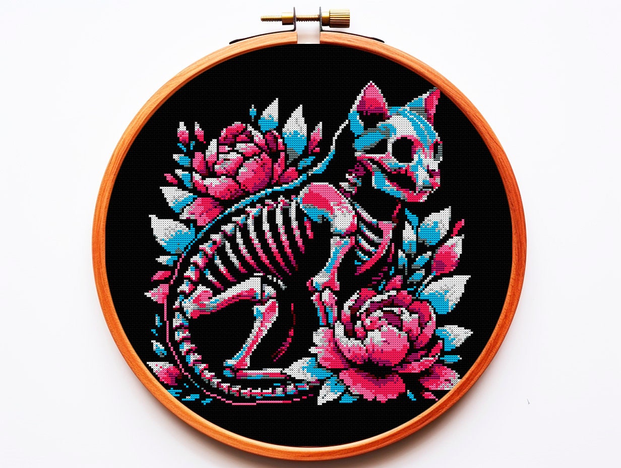 Cross Stitch Pattern PDF Neon Cat Skeleton Elegant-peony Floral Goth ...