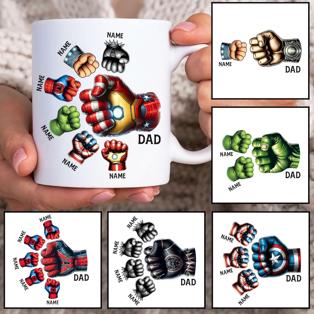 Personalized Superhero Dad Fist Bump up to 6 Kids Mug Wrap, Dad 11oz ...
