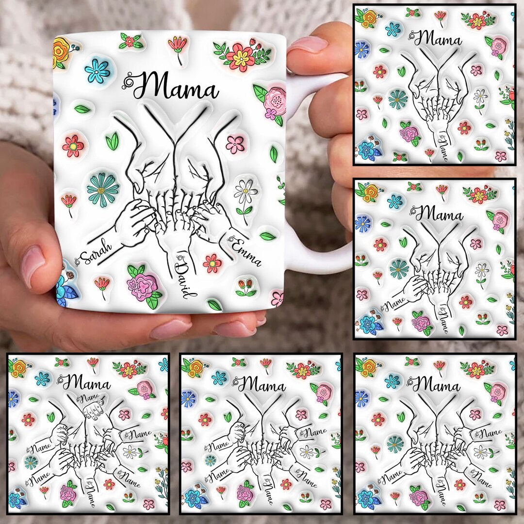 Custom up to 6 Kids Holding Mom‘s Hand 3D Inflated Mug Wrap, Mama 11oz ...