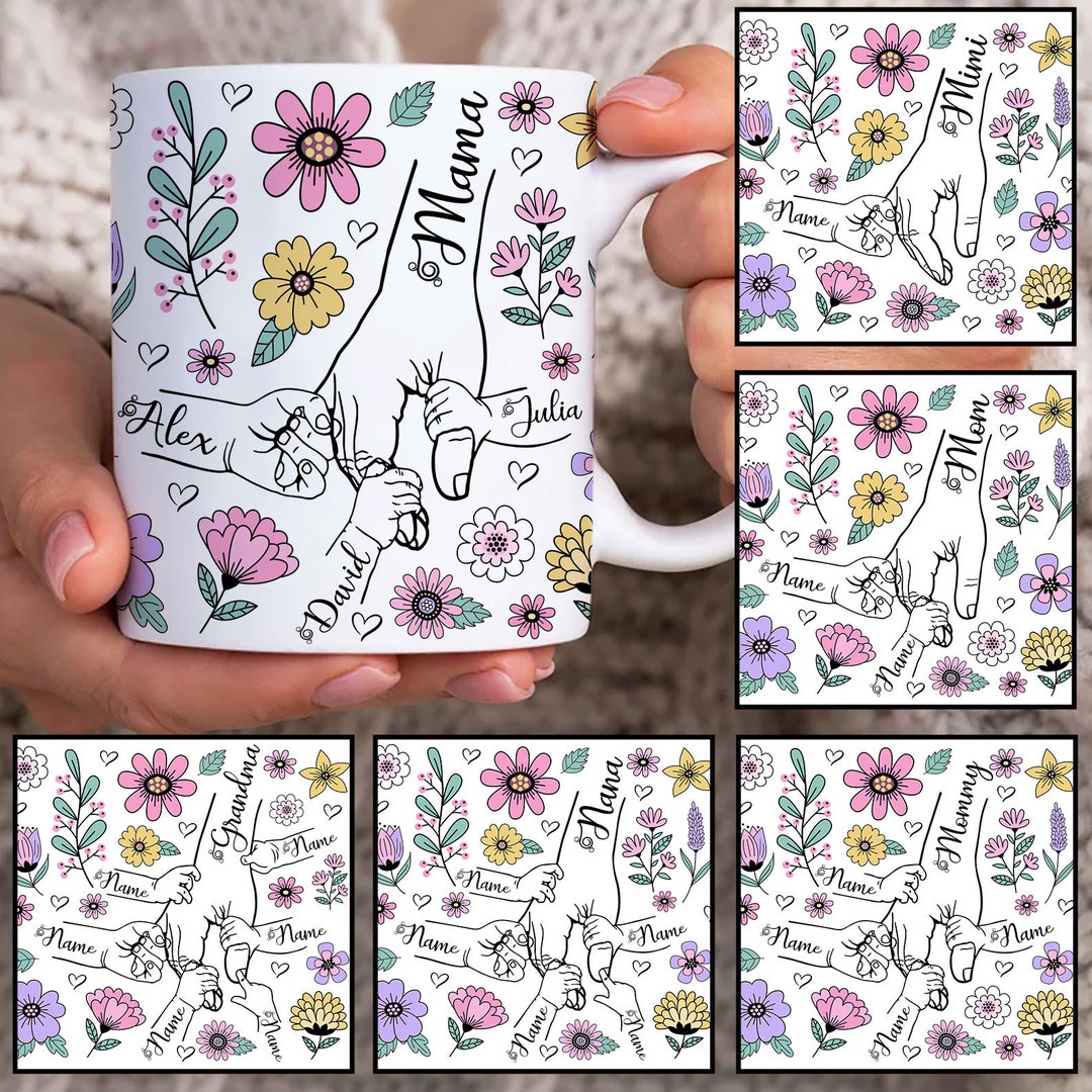 Custom up to 6 Kids Holding Mom‘s Hand Mug Wrap, Mama 11oz Mug Template ...