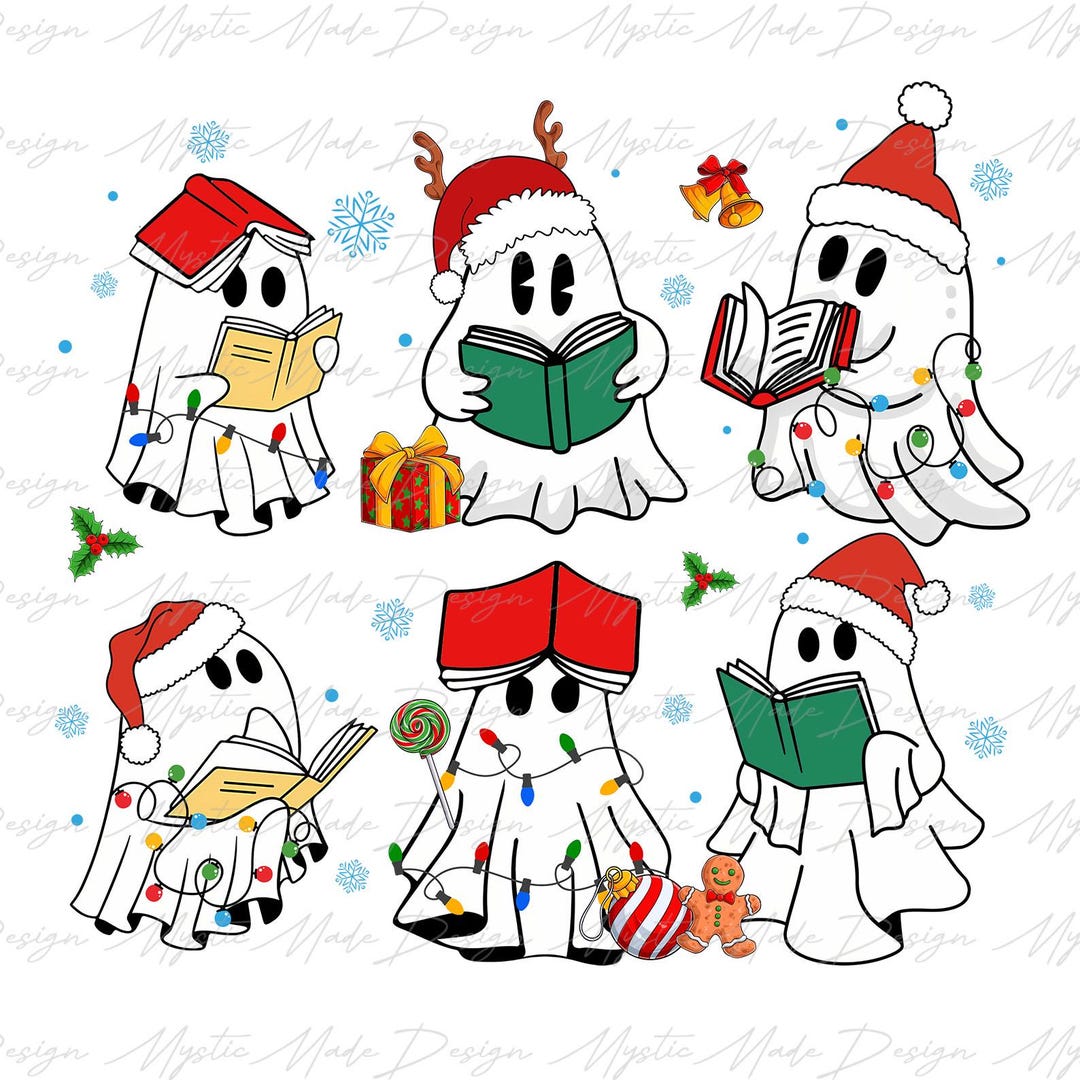 Retro Ghost Reading Books Png, Christmas Teacher Png, Librarian Ghost ...