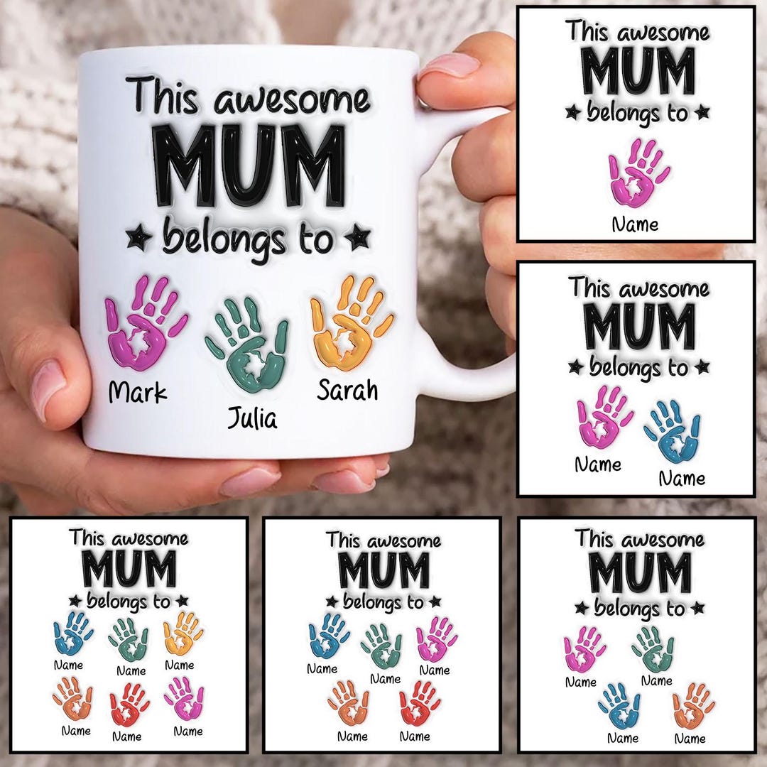 Custom up to 6 Kids Handprint Mom 3D Inflated Mug Wrap, Mama 11oz Mug ...