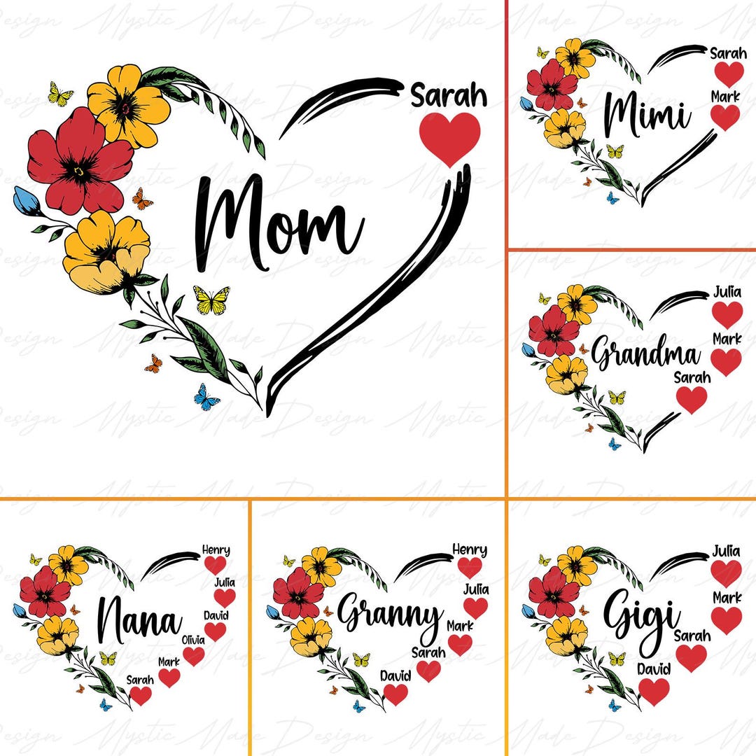 Custom Floral Mom Heart Png, Custom Mama Png, Custom Grandma With Kids ...
