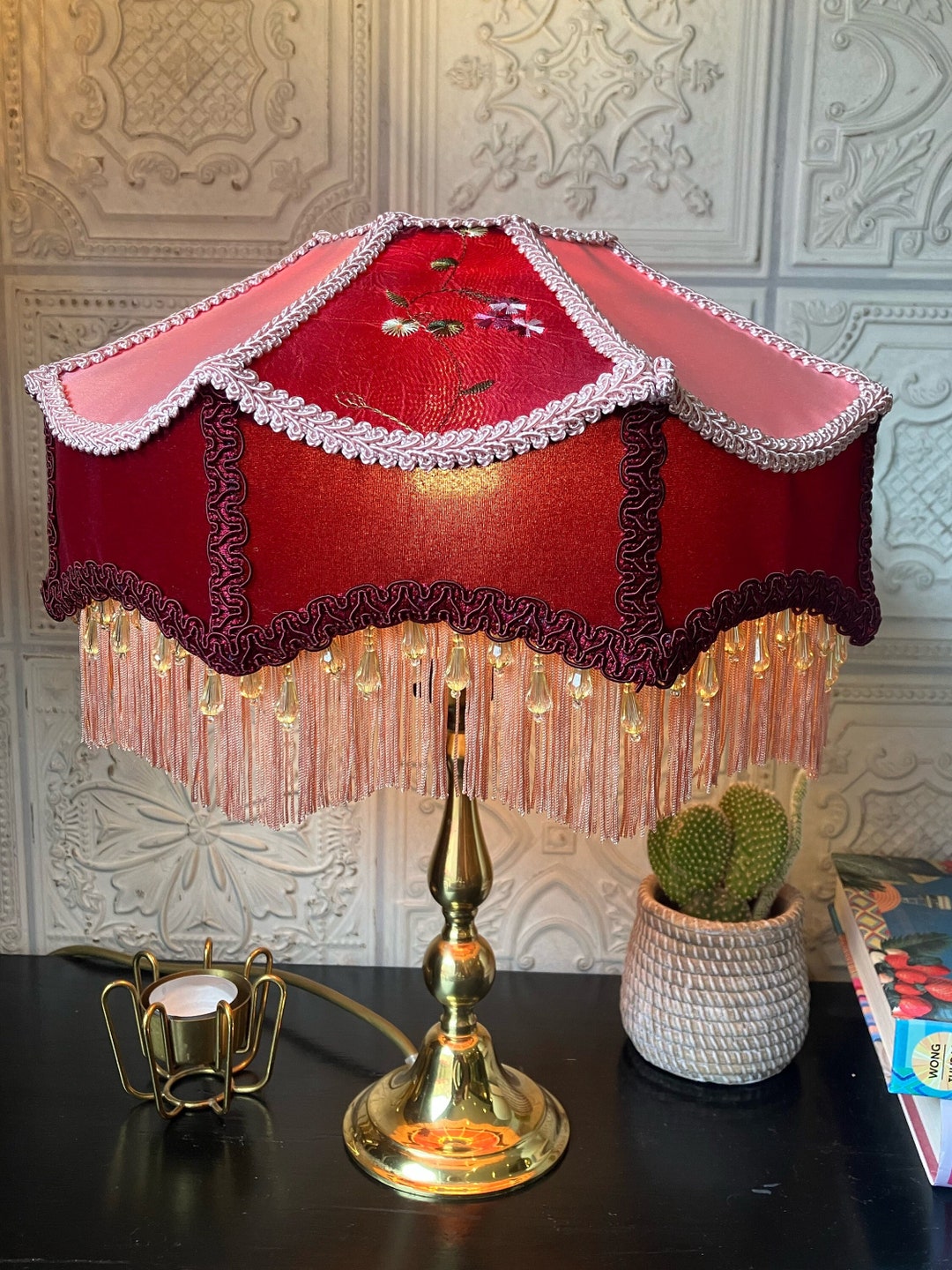 Handmade Lampshade Deep Red Velvet & Blush Pink Retro Double-scalloped ...