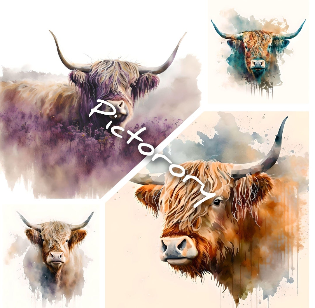 Highland Cow Watercolor Clipart – Scottish Coo PNG Bundle (digital ...