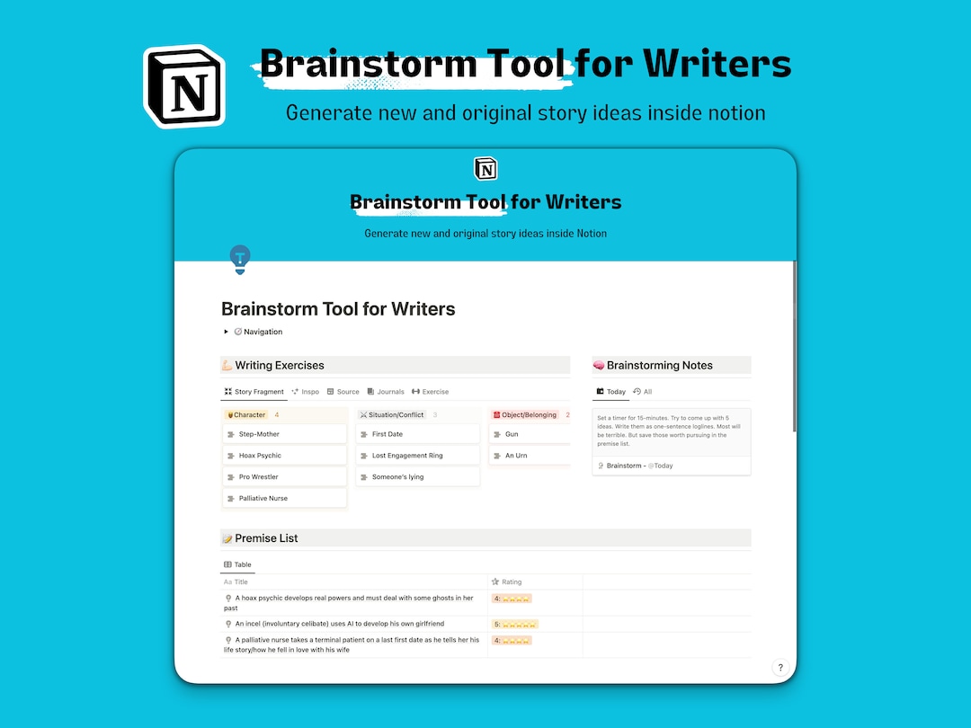Notion Brainstorm Tool for Writers Digital Planner Notion Template - Etsy