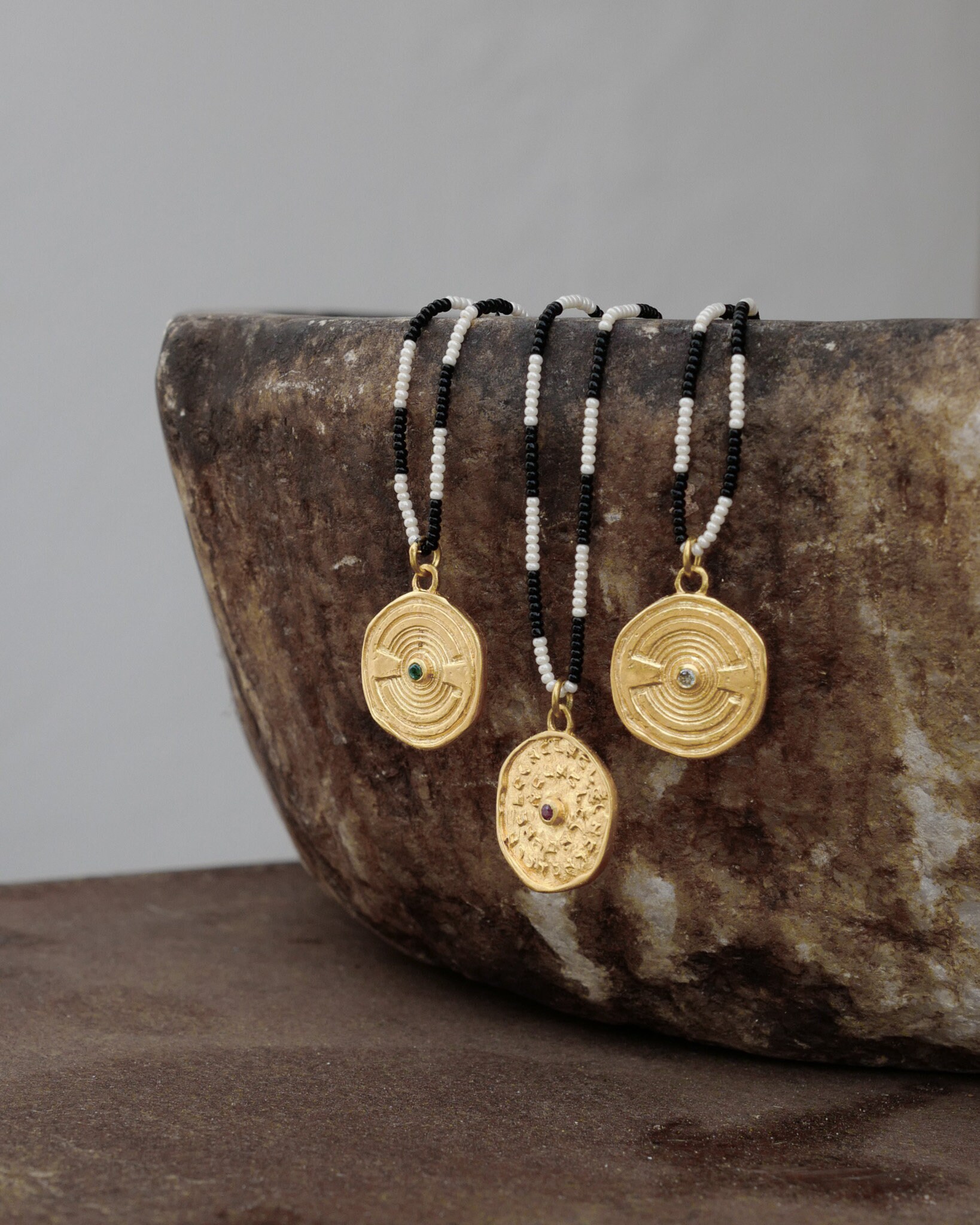 Reversible Beaded Coin Necklace, 18K Gold Plated Brass With Emerald ...
