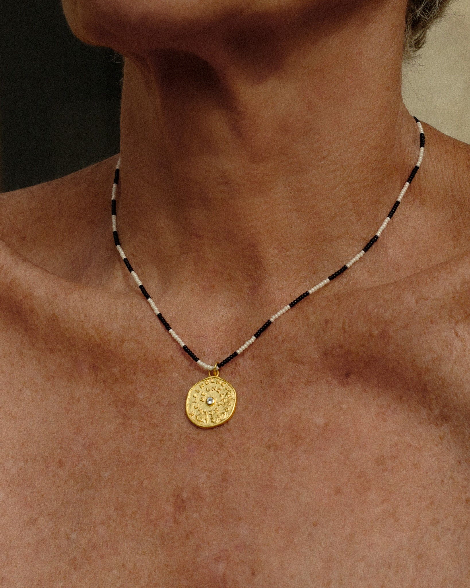 Reversible Beaded Coin Necklace, 18K Gold Plated Brass With Emerald ...