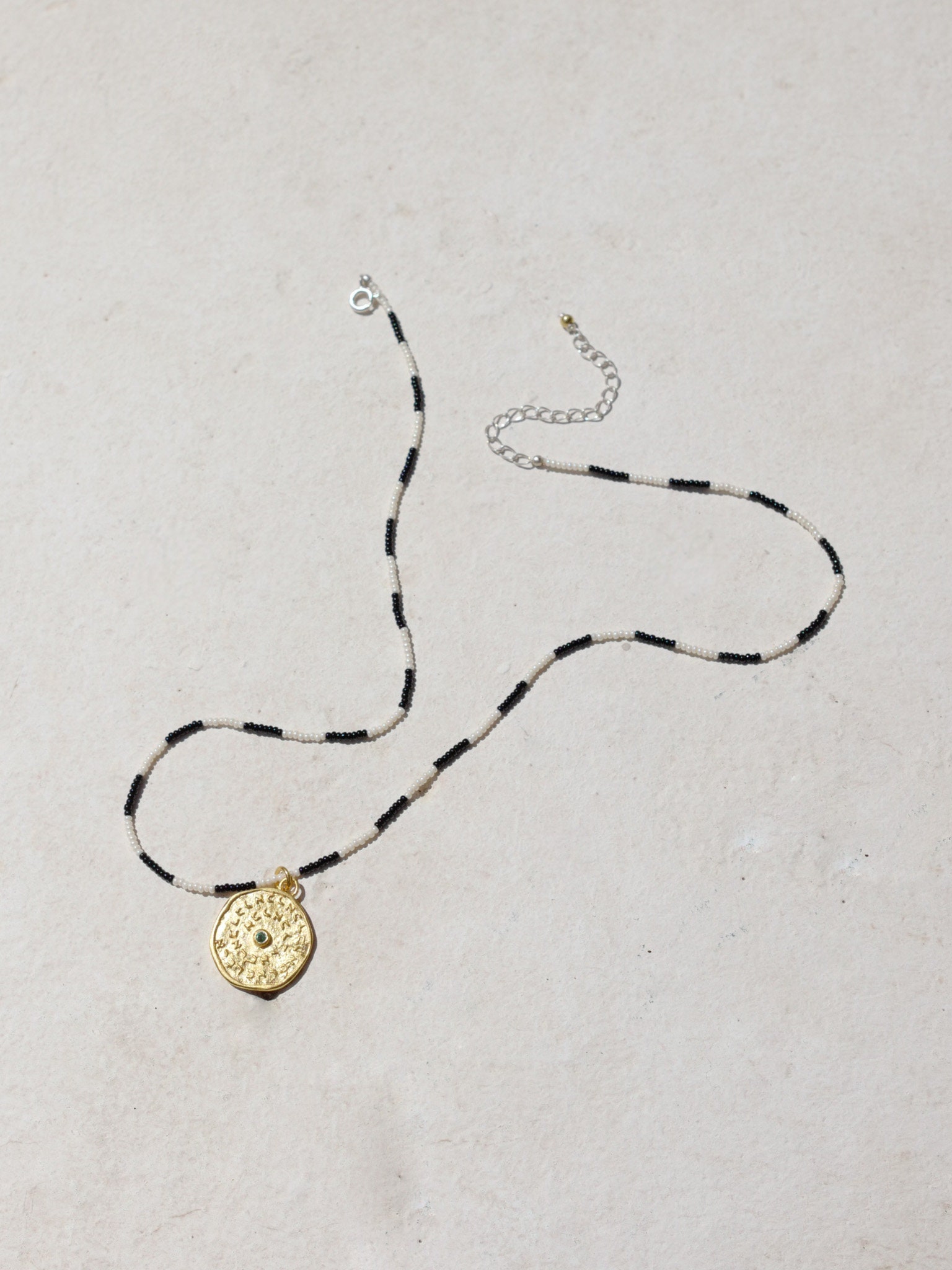 Reversible Beaded Coin Necklace, 18K Gold Plated Brass With Emerald ...