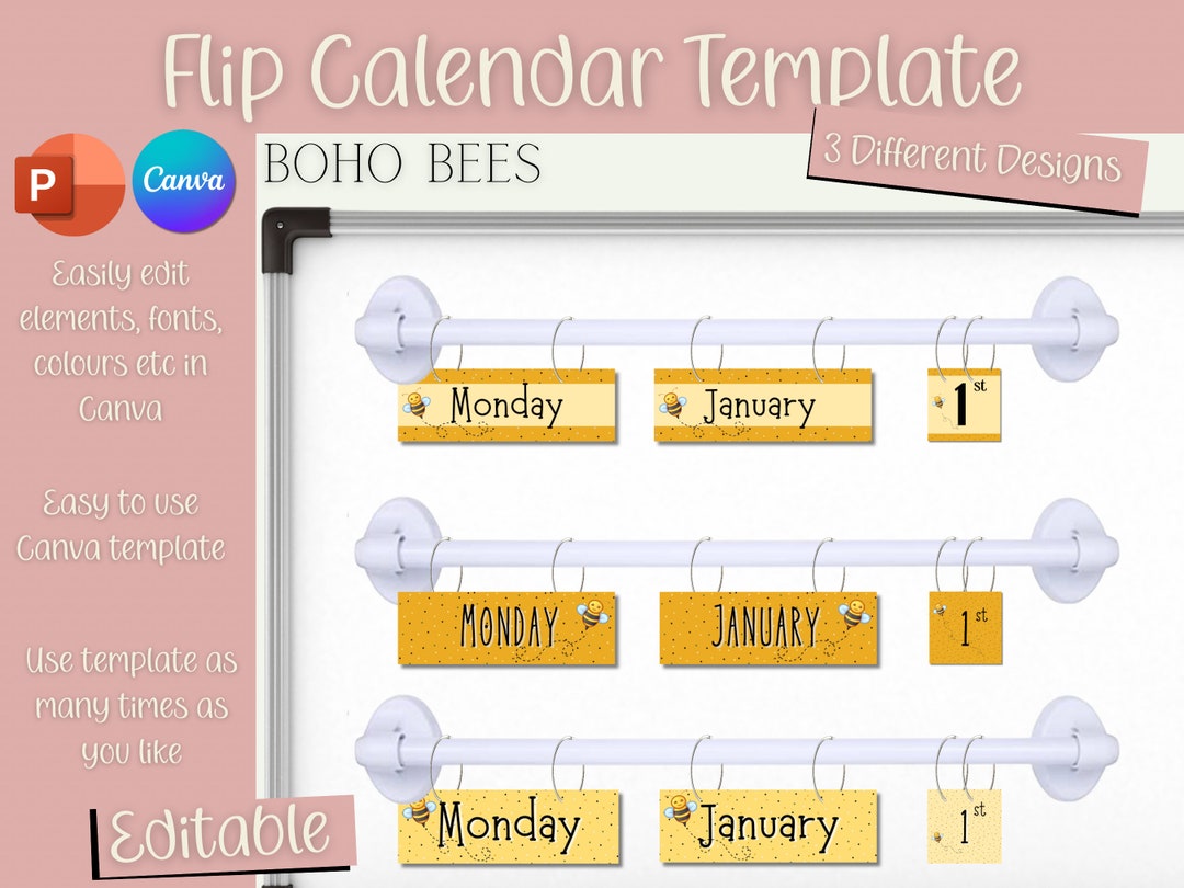 Editable Classroom Flip Calendar, Date Display for Classroom, Boho Bees ...