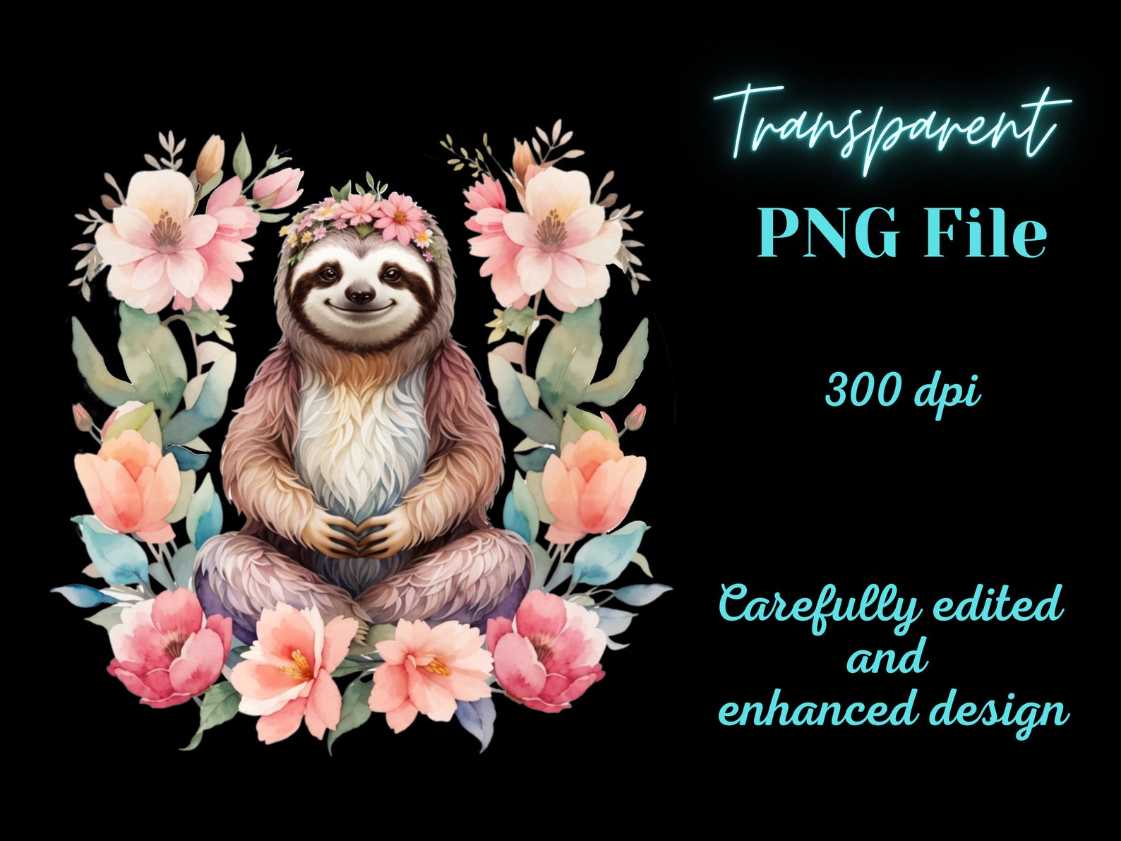 Cute Watercolor Sloth PNG Clipart. Sloth in Colorful Flower Wreath ...