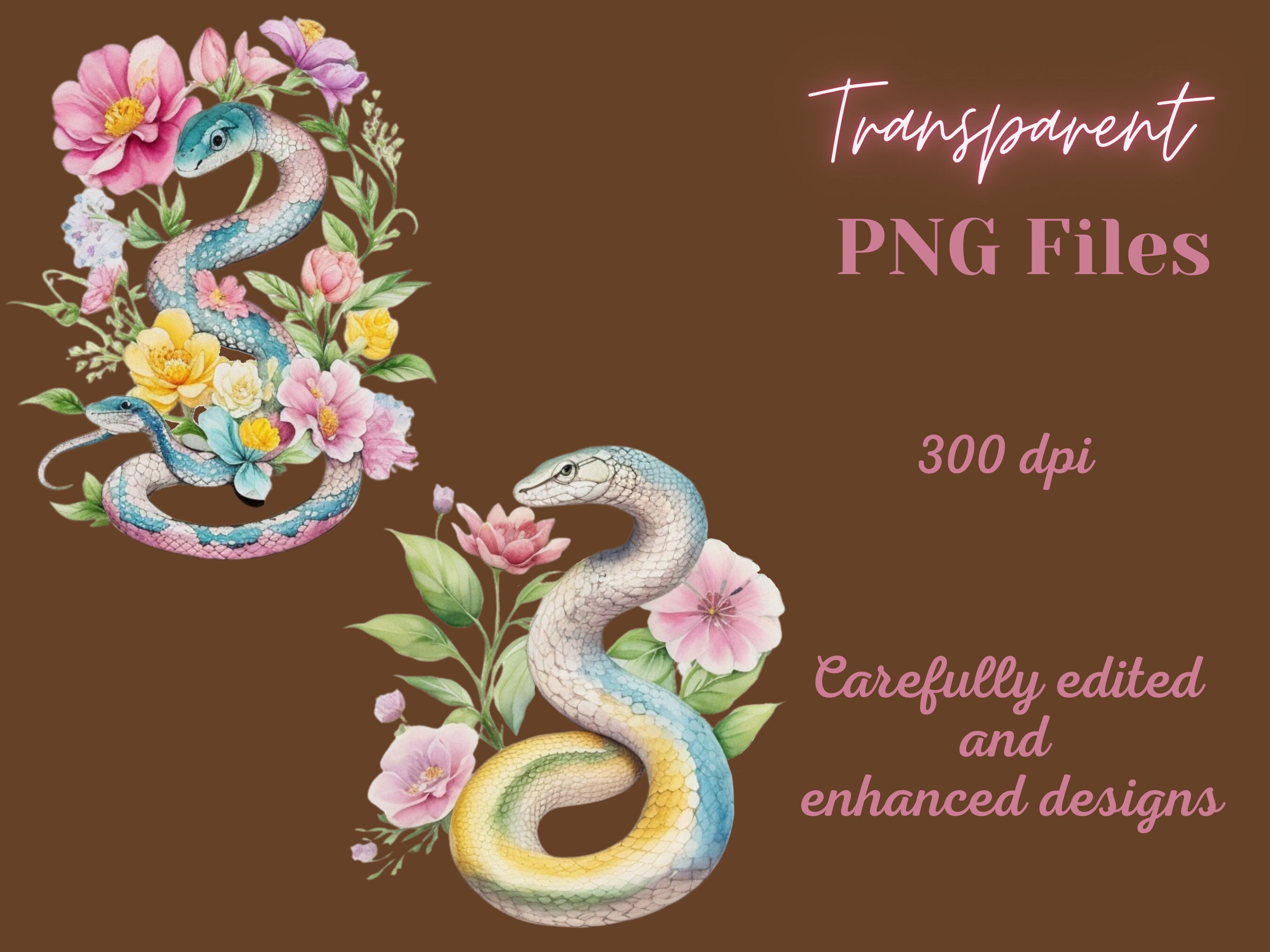 Watercolor Snakes & Flowers Printable PNG Clipart. Exotic Animal ...