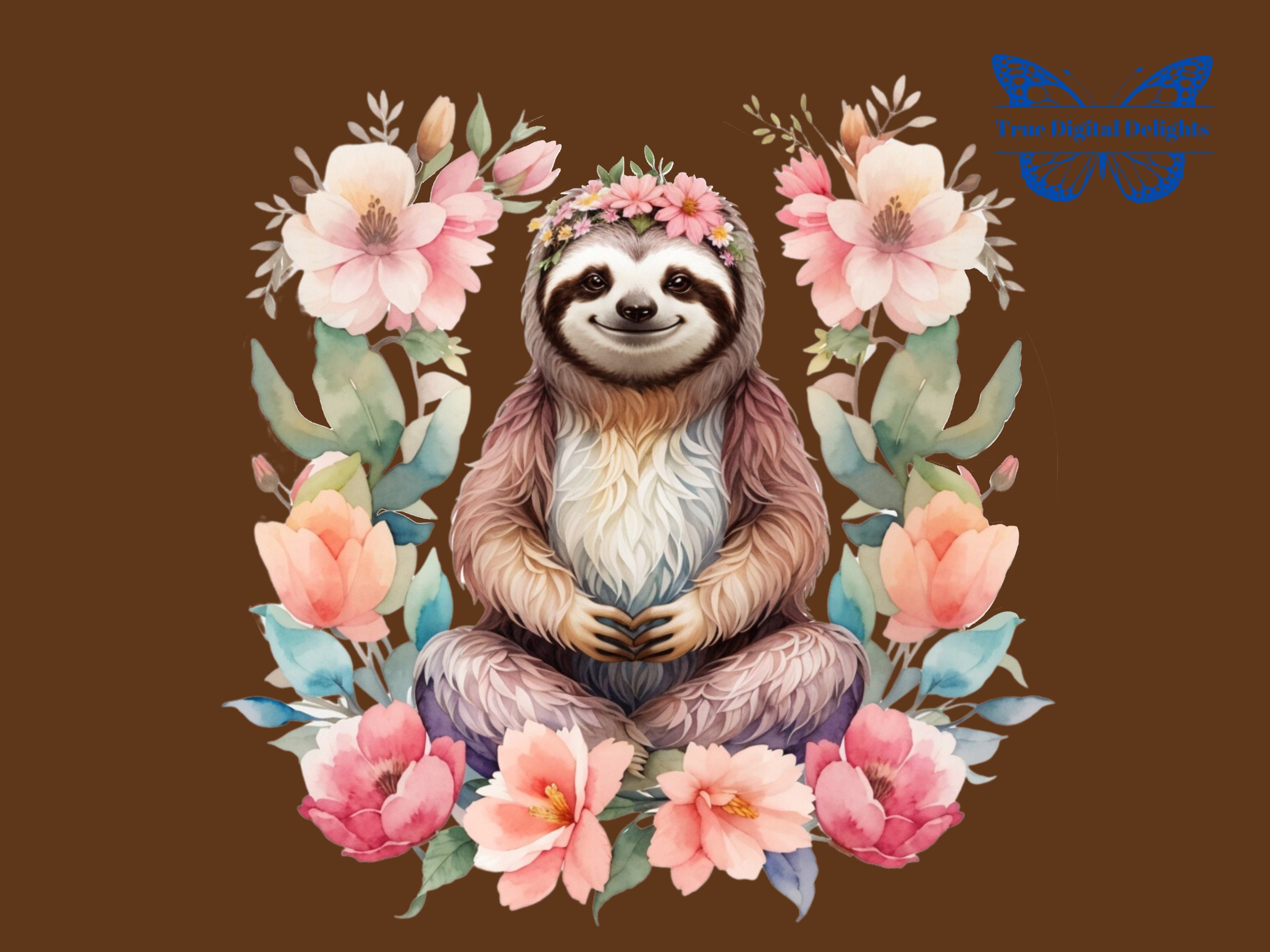 Cute Watercolor Sloth PNG Clipart. Sloth in Colorful Flower Wreath ...