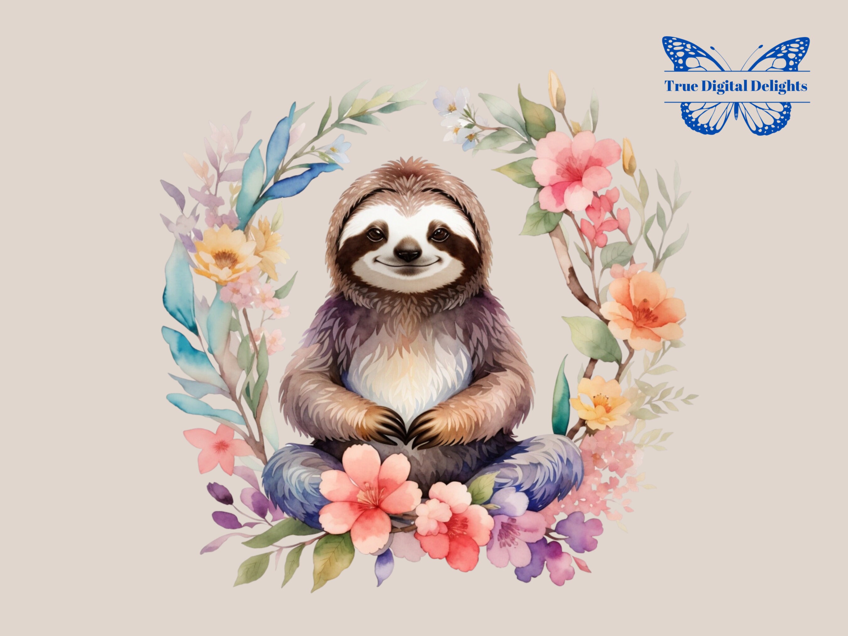 Cute Watercolor Sloth PNG Clipart. Sloth in Colorful Flower Wreath ...