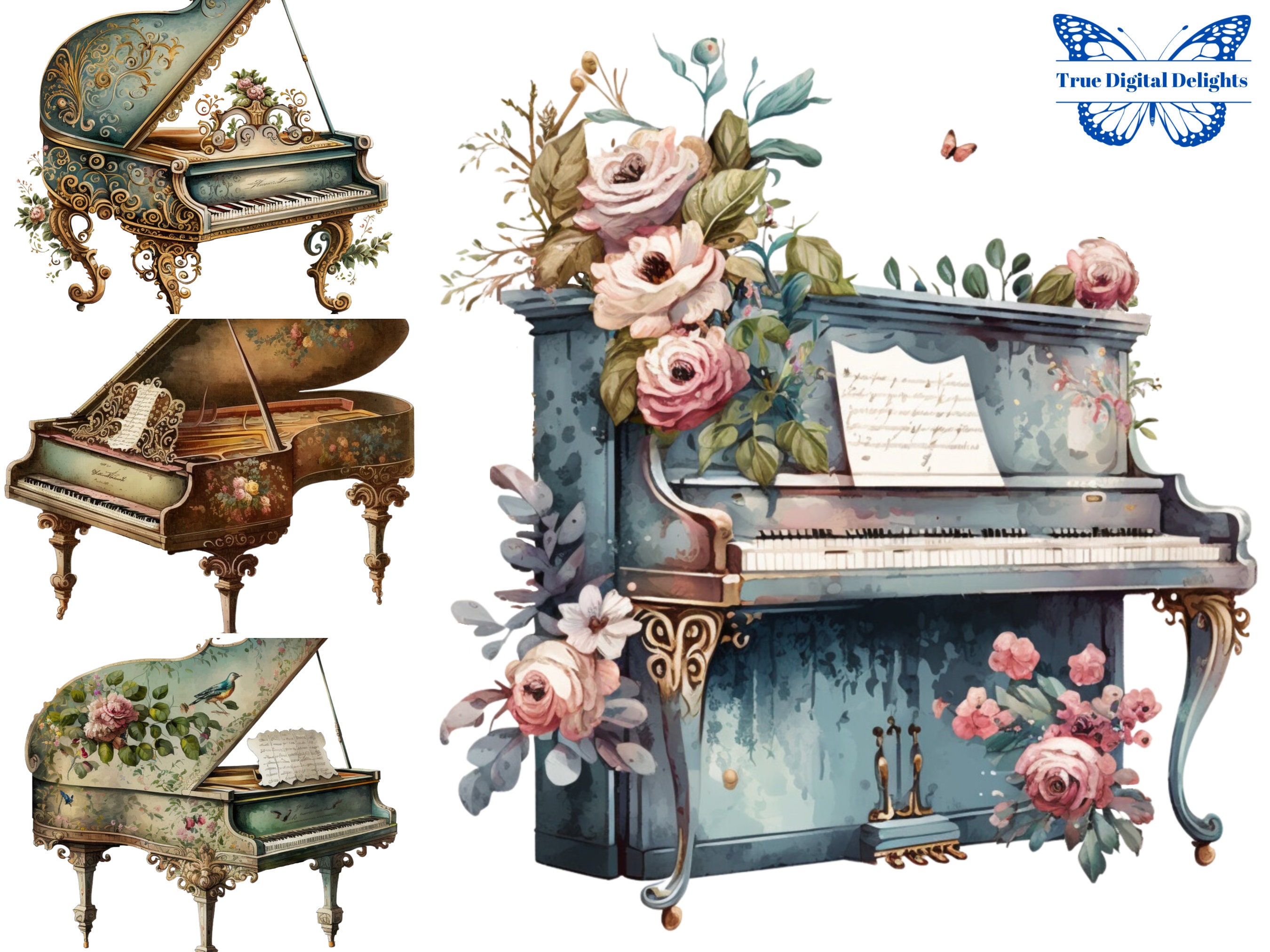 Watercolor Victorian 19th Century Ornate Classical Pianos PNG. Fancy ...