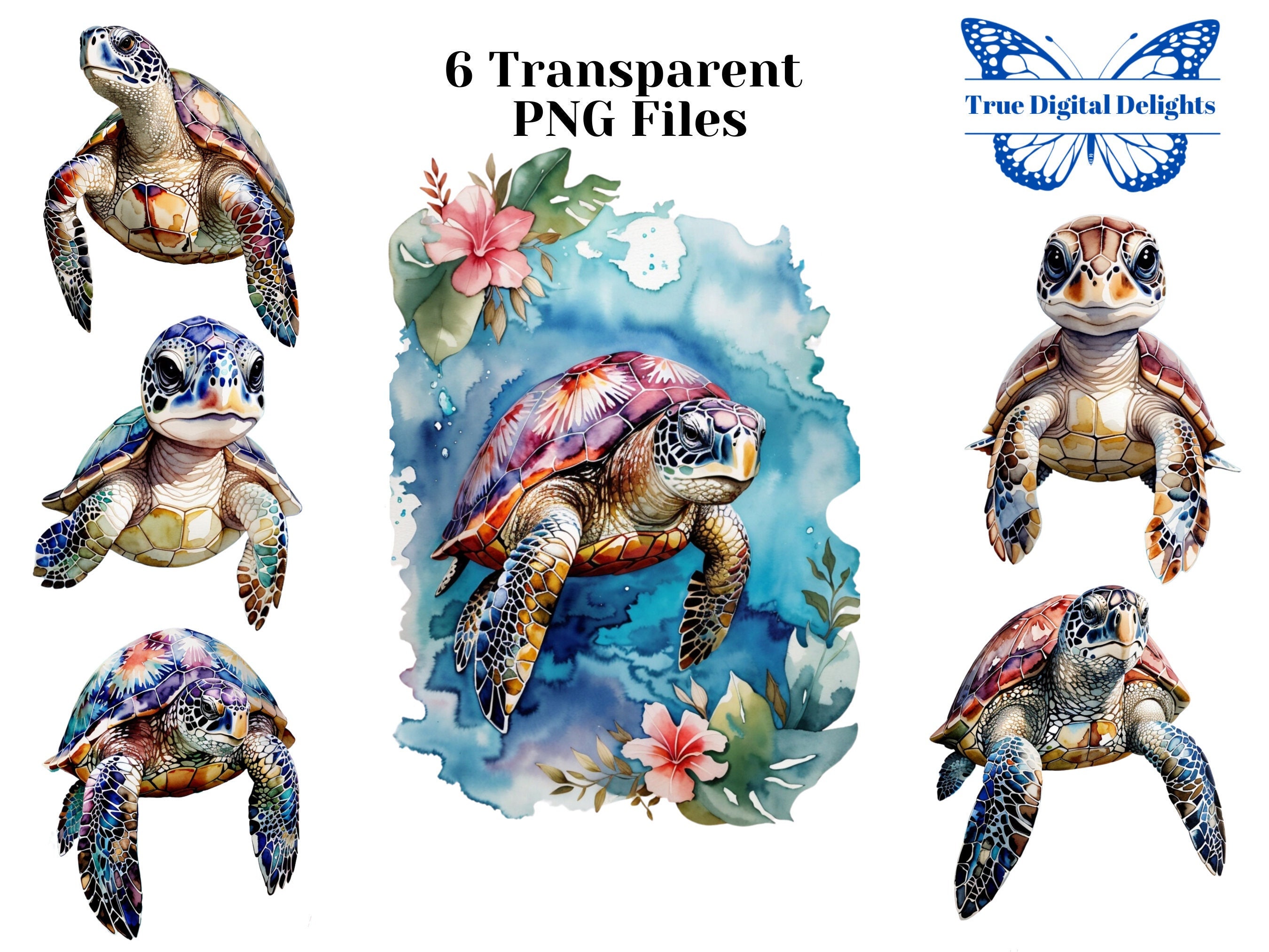 Cute Watercolor Hawaiian Sea Turtle PNG Mini Bundle Clipart. Hawaii ...