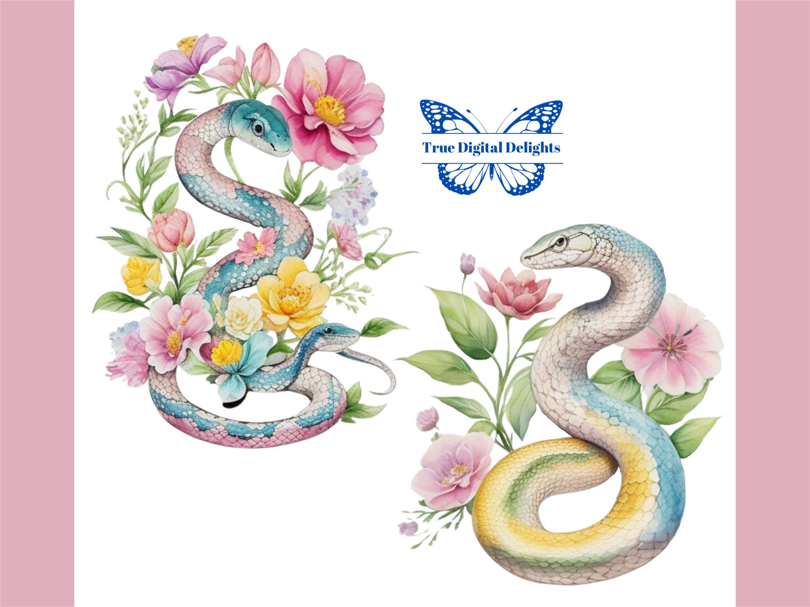 Watercolor Snakes & Flowers Printable PNG Clipart. Exotic Animal ...