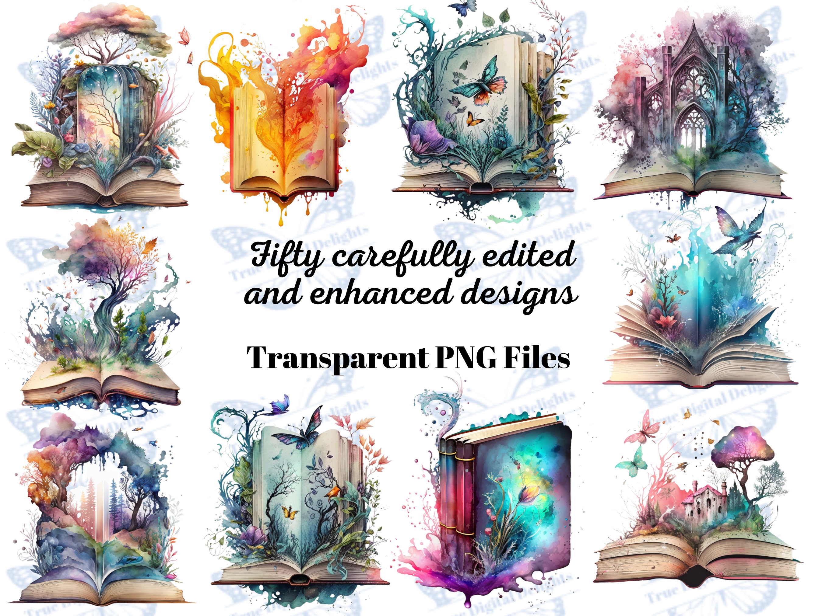 50 Watercolor Fantasy Books Clip Art. Magic Book PNG, Book Lover Open ...