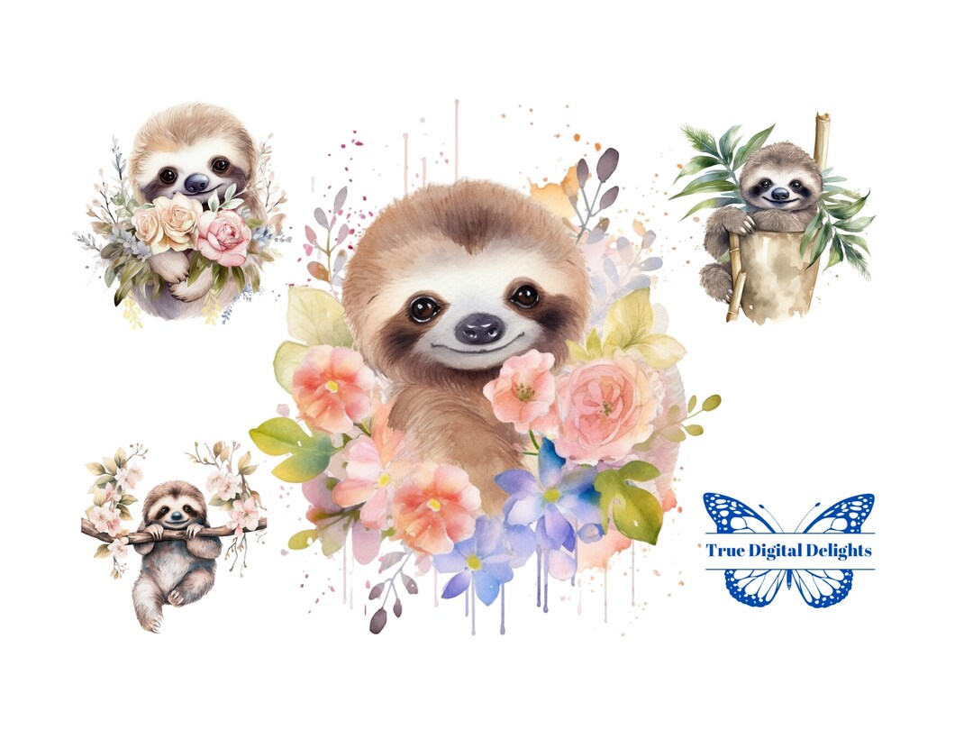 10 Cute Watercolor Sloth Clipart Baby Animals Baby Sloth PNG - Etsy