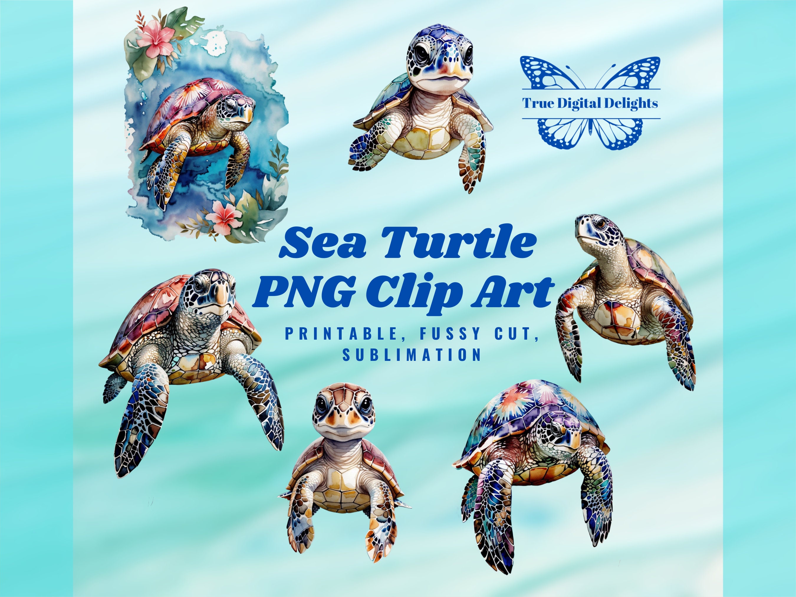 Cute Watercolor Hawaiian Sea Turtle PNG Mini Bundle Clipart. Hawaii ...