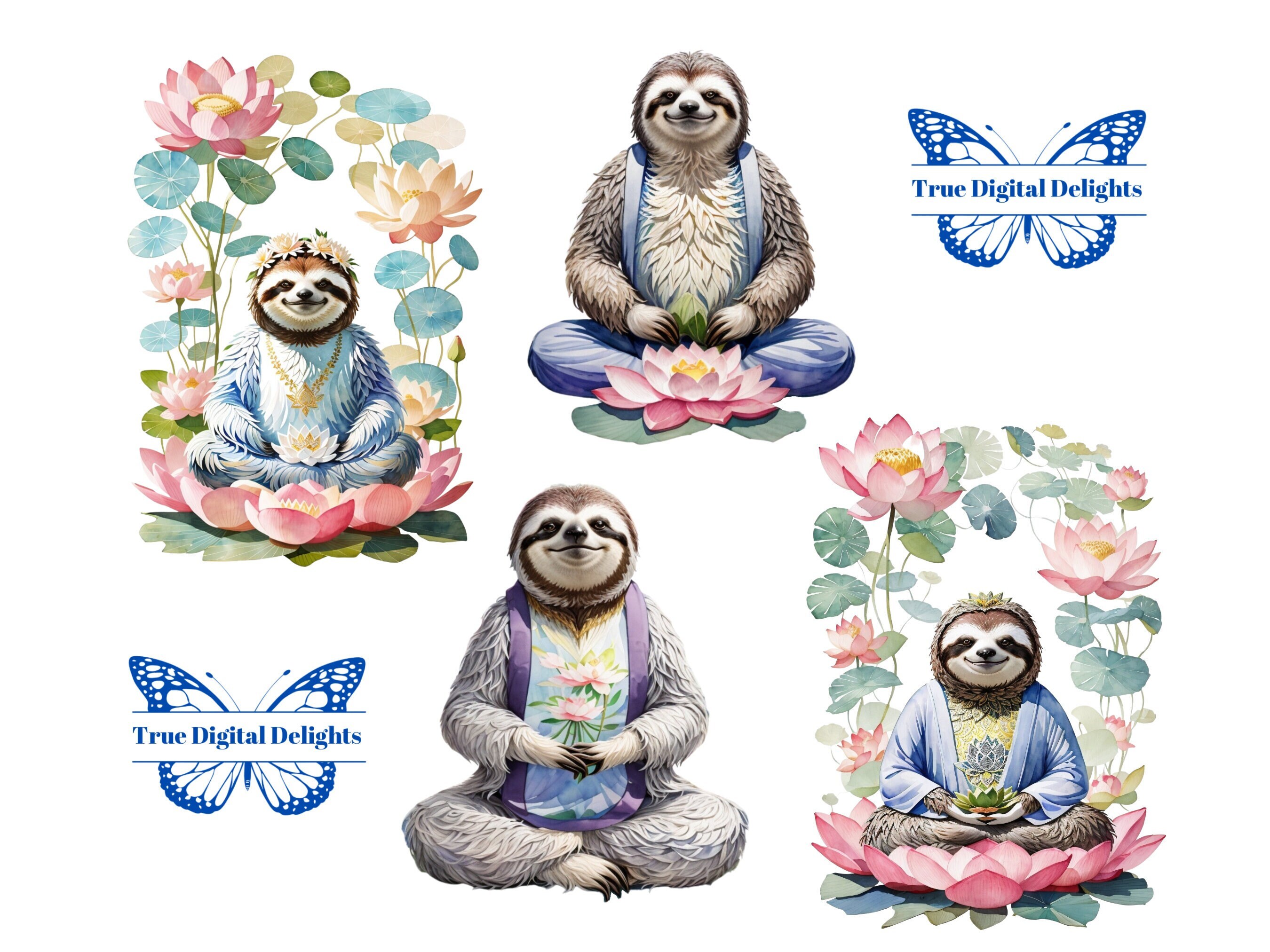 Watercolor Yogi Sloth PNG Clipart. Meditating Sloths in Lotus - Etsy