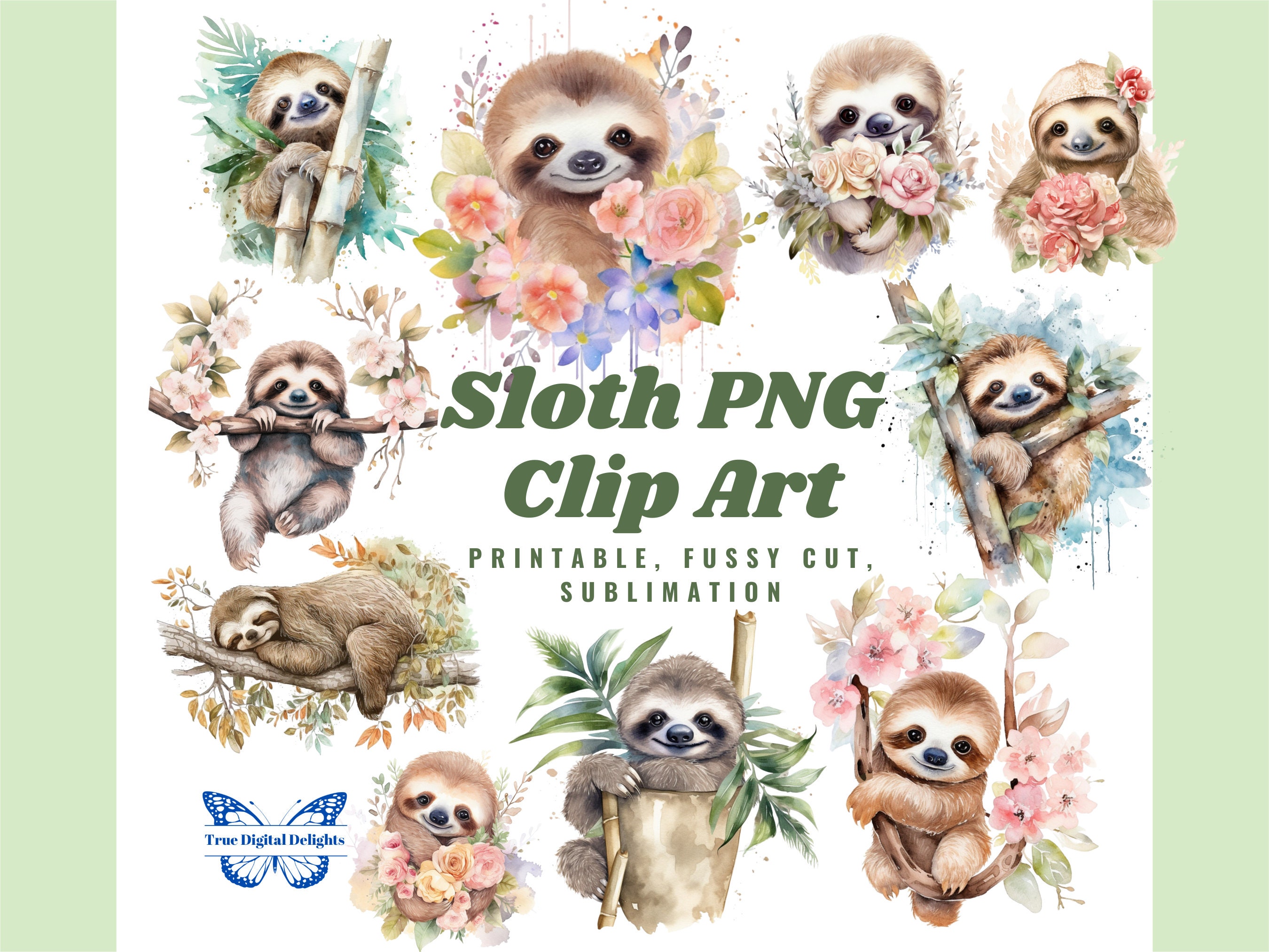 10 Cute Watercolor Sloth Clipart. Baby Animals, Baby Sloth PNG. Baby ...