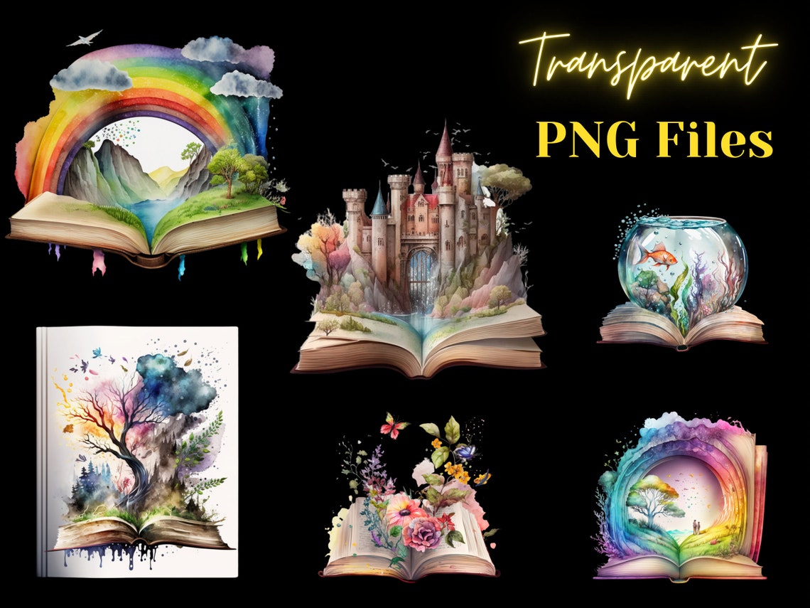 Watercolor Fantasy Books Clip Art, Open Book/magic Books PNG, Book ...