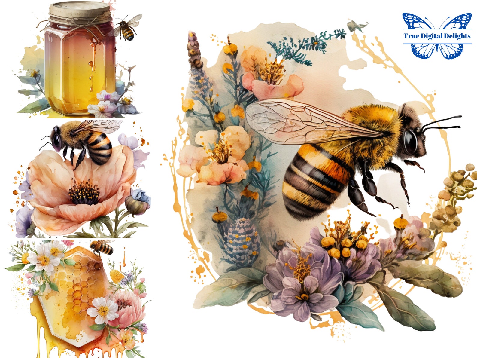 Watercolor Honeybee Clipart, Honeycomb & Honey Clip Art. Bumblebee/bee ...