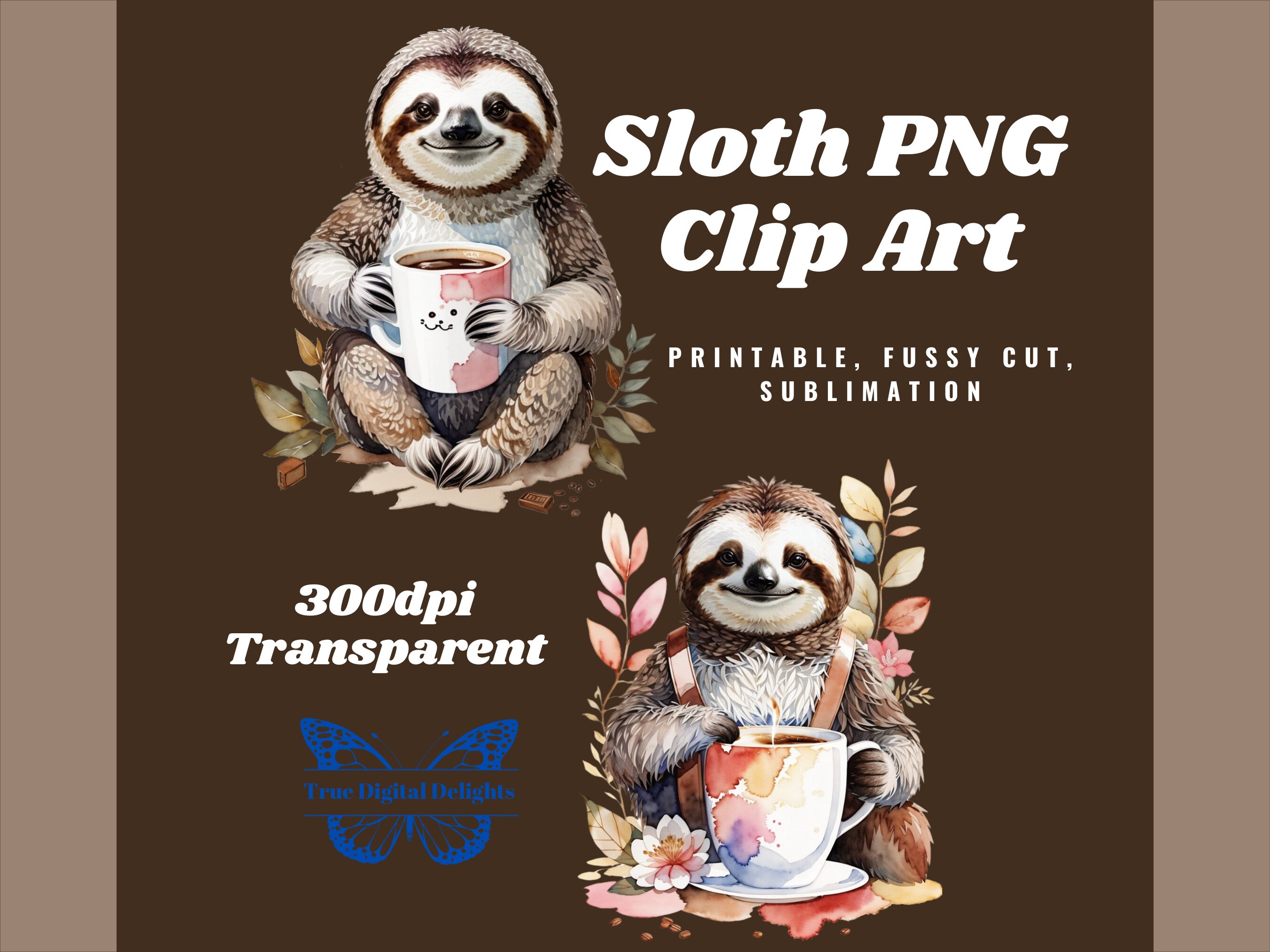 Cute Sloth Printable PNG Clipart. Coffee Lover Sloth With Coffee Cup ...
